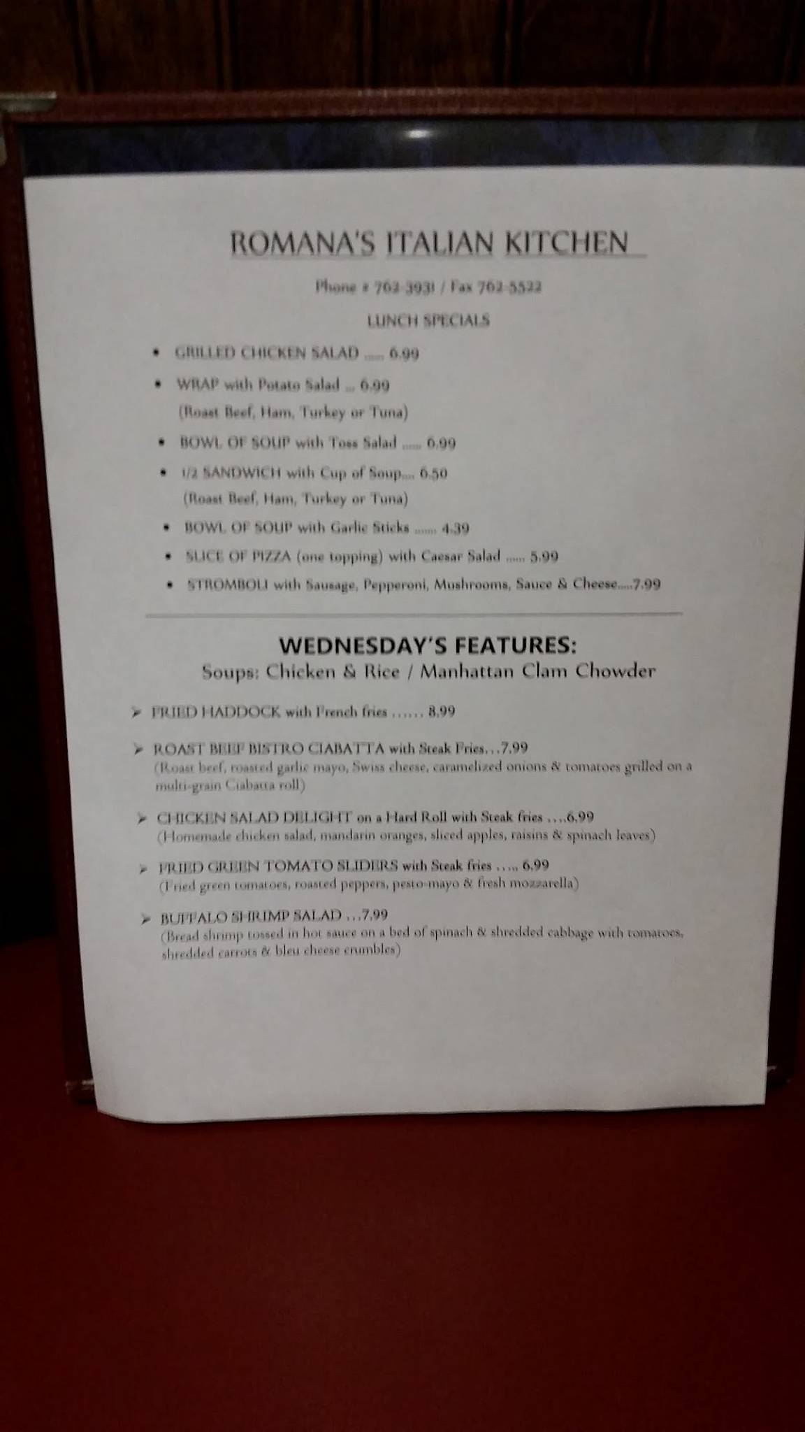Menu at Romana's Italian Kitchen pizzeria, Johnstown