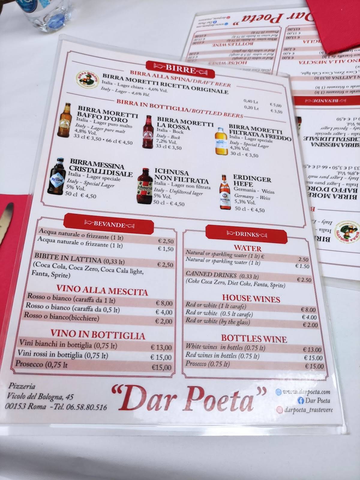 Carta de pizzería Dar Poeta, Roma, Vicolo del Bologna
