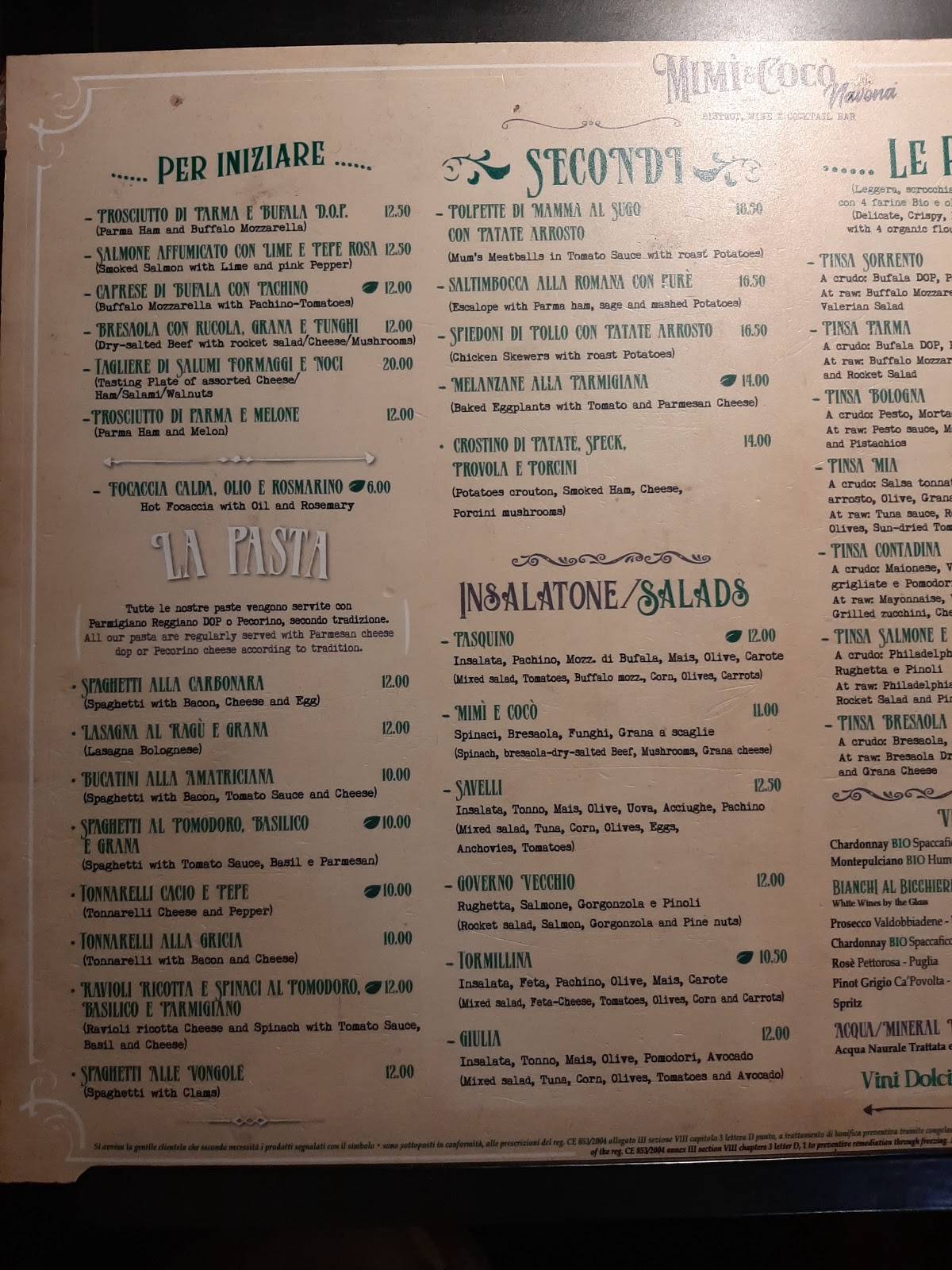 Menu at Mimì e Cocò pub & bar, Rome, Via del Governo Vecchio