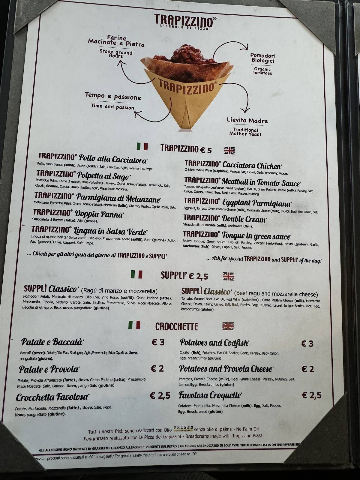 Menu at Trapizzino Trastevere pizzeria, Rome, Piazza Trilussa