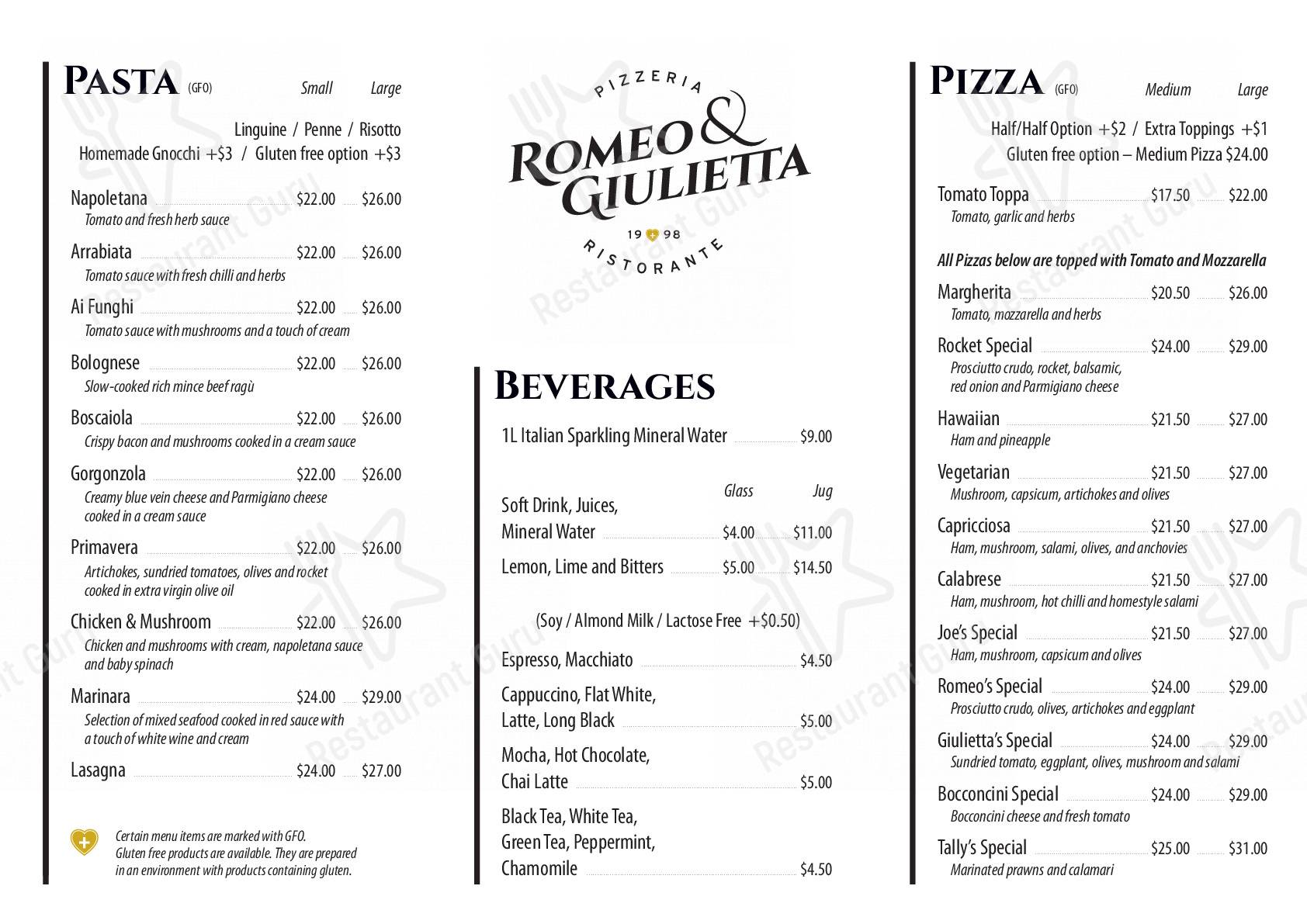 Menu at Romeo & Giulietta Restaurant, Griffith