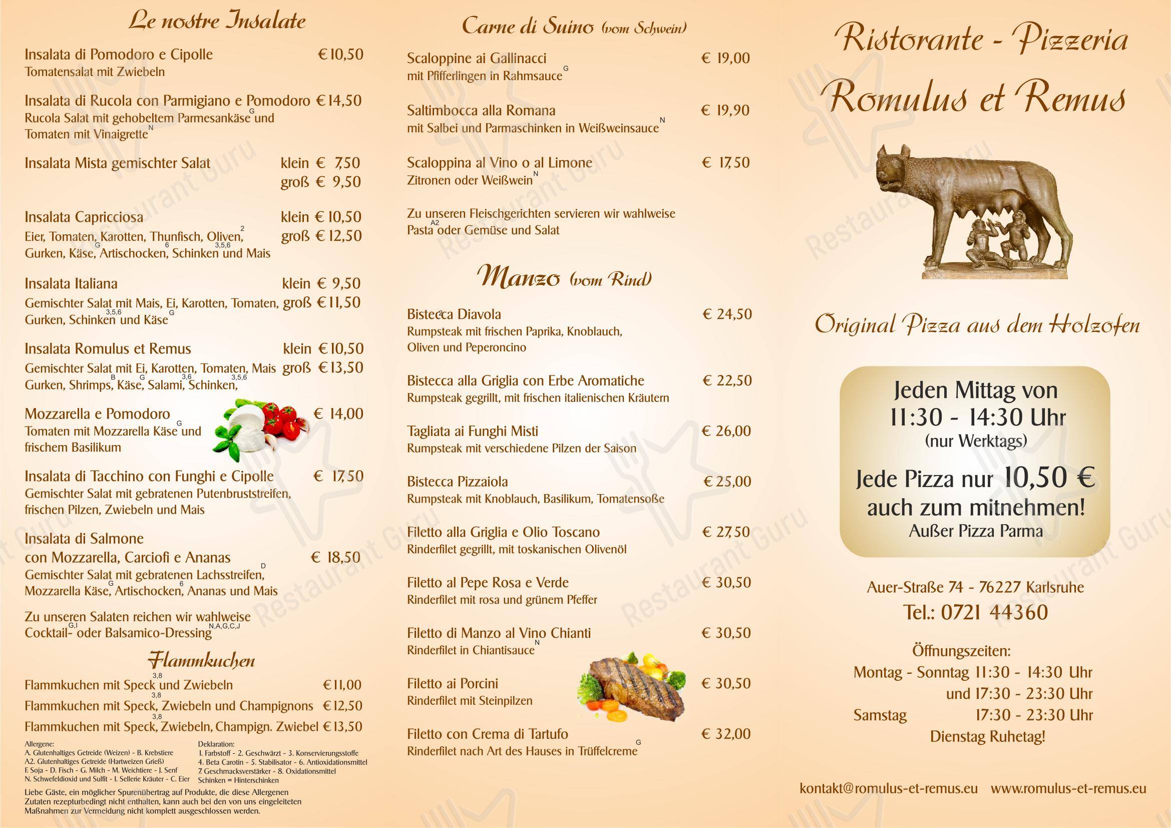 Speisekarte von Romulus et Remus pizza, Karlsruhe