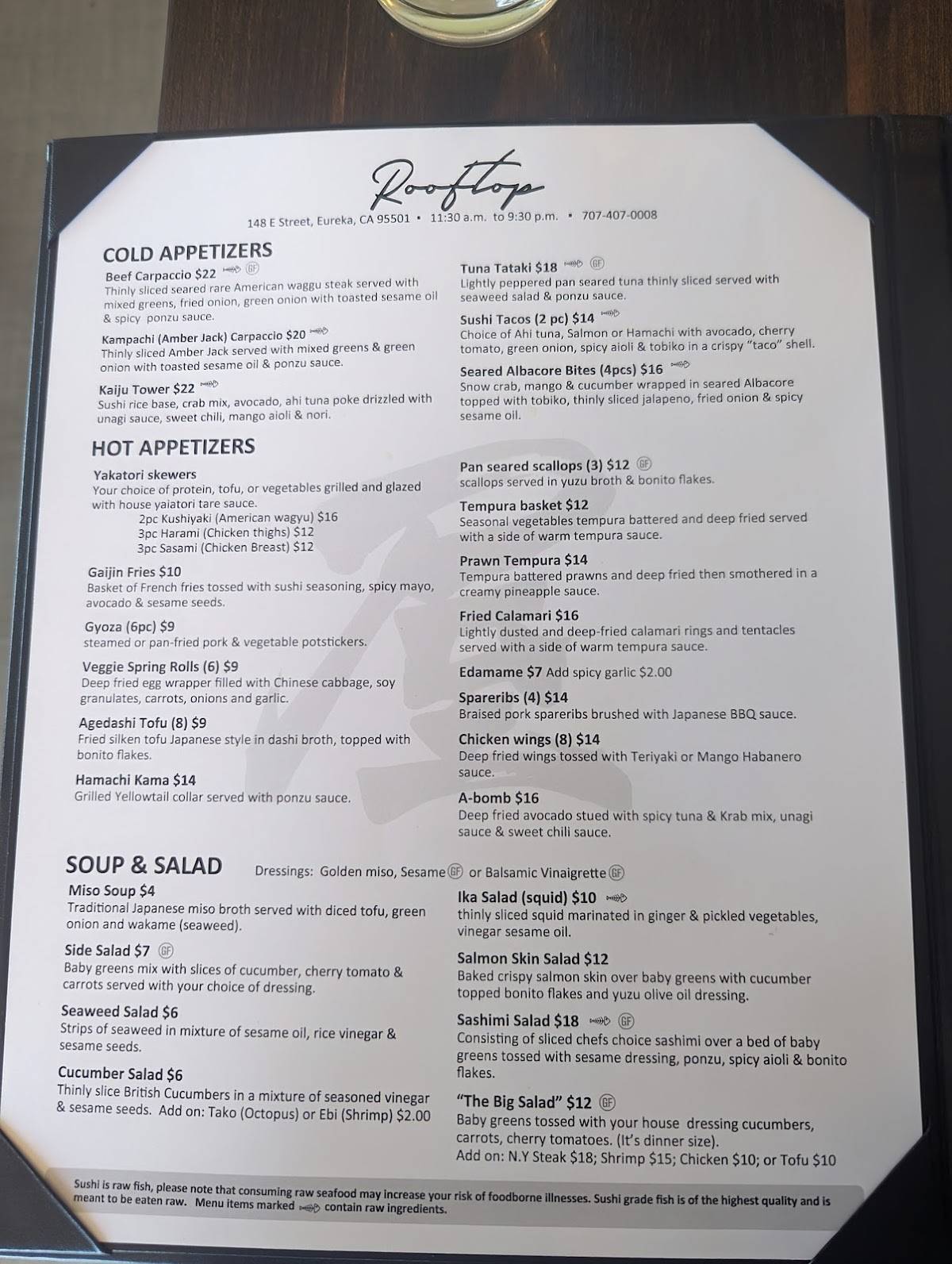 Carta del restaurante RoofTop, Eureka