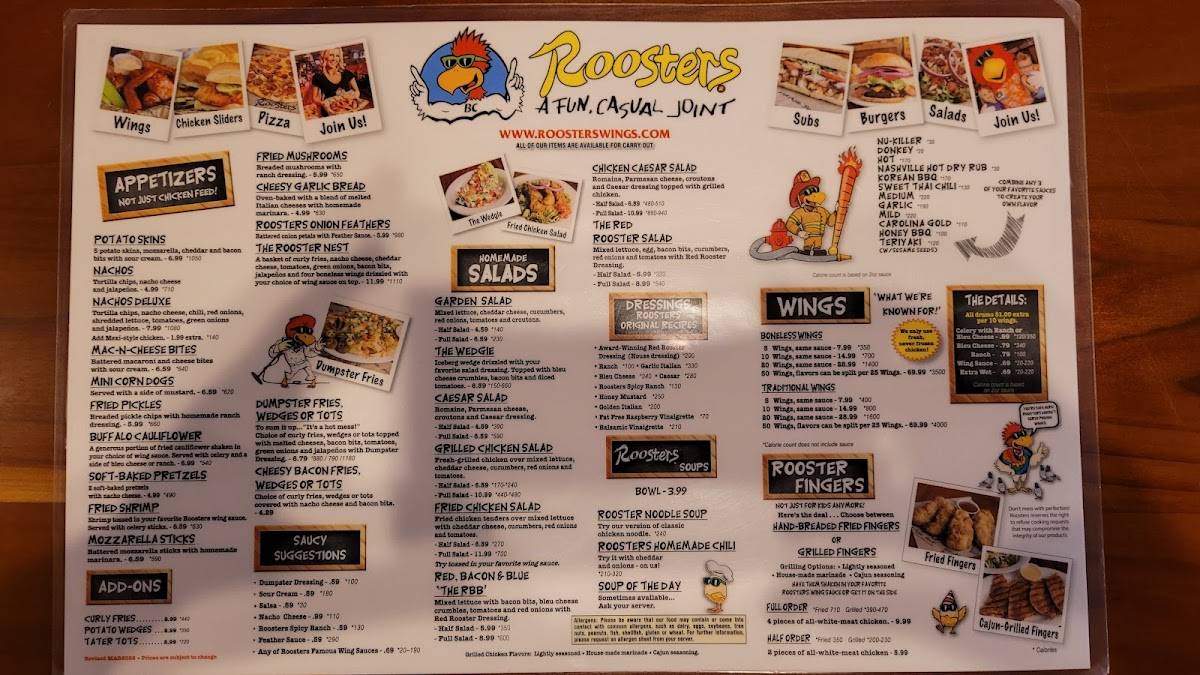 Menu at Roosters restaurant, Louisville, Shelbyville Rd #7