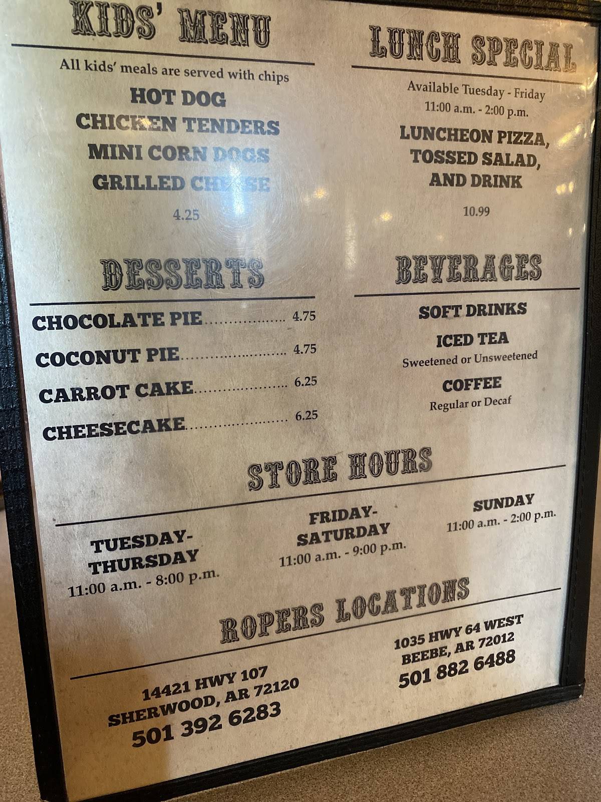 Menu at Roper's Restaurant, Greenbrier