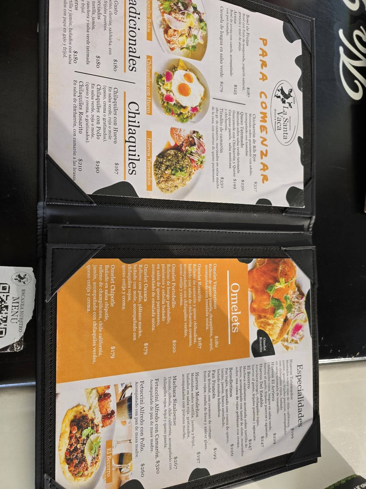 Menu at La Santa Vaca restaurant, Rosarito