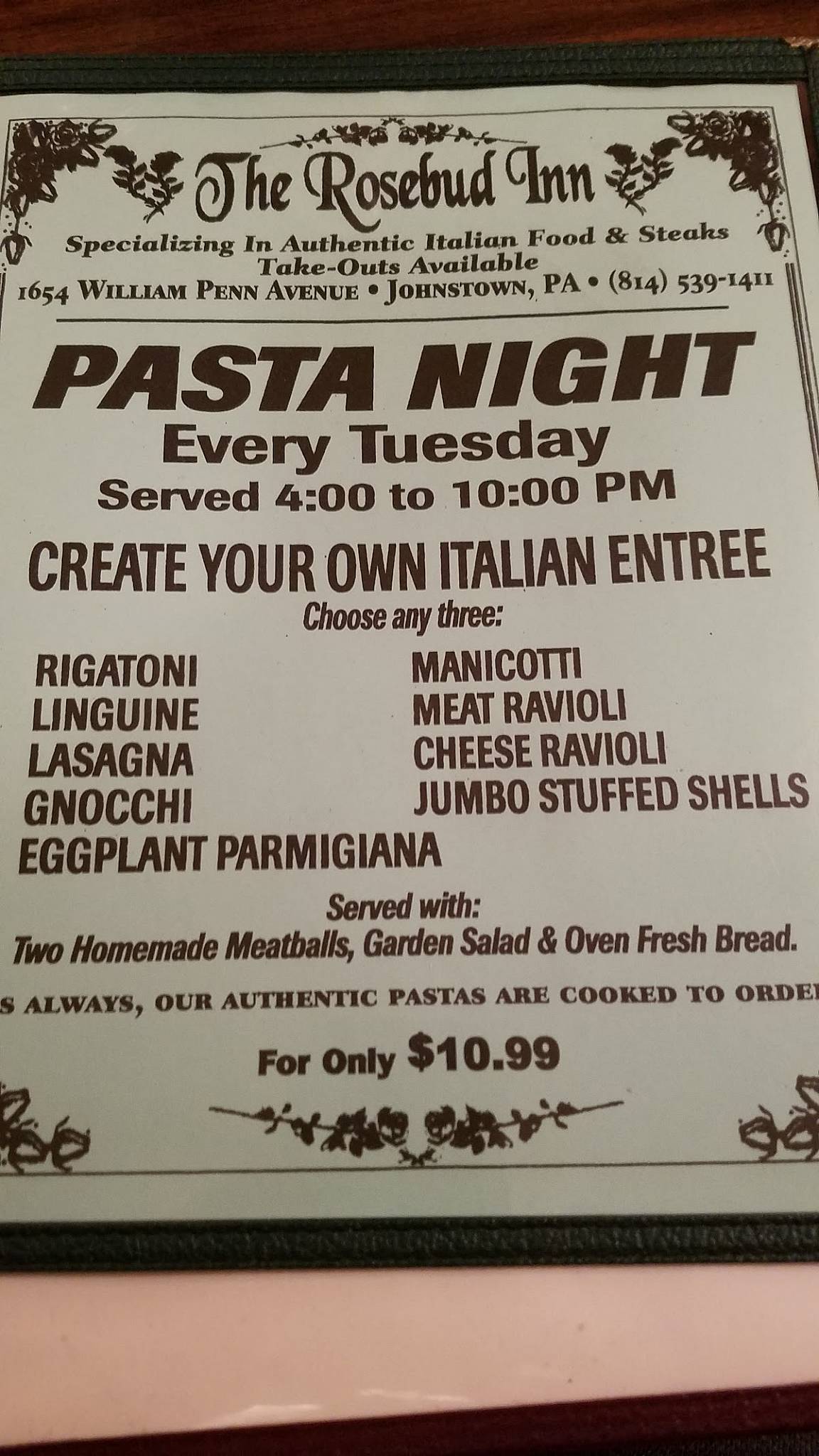 Menu at The Rosebud Bistro pizzeria, Johnstown