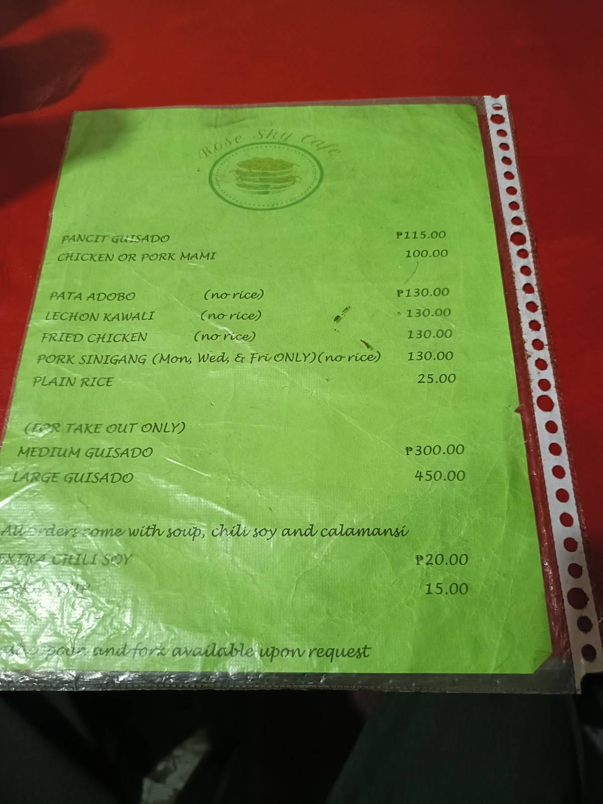 Menu at Rose Cafe, Baguio