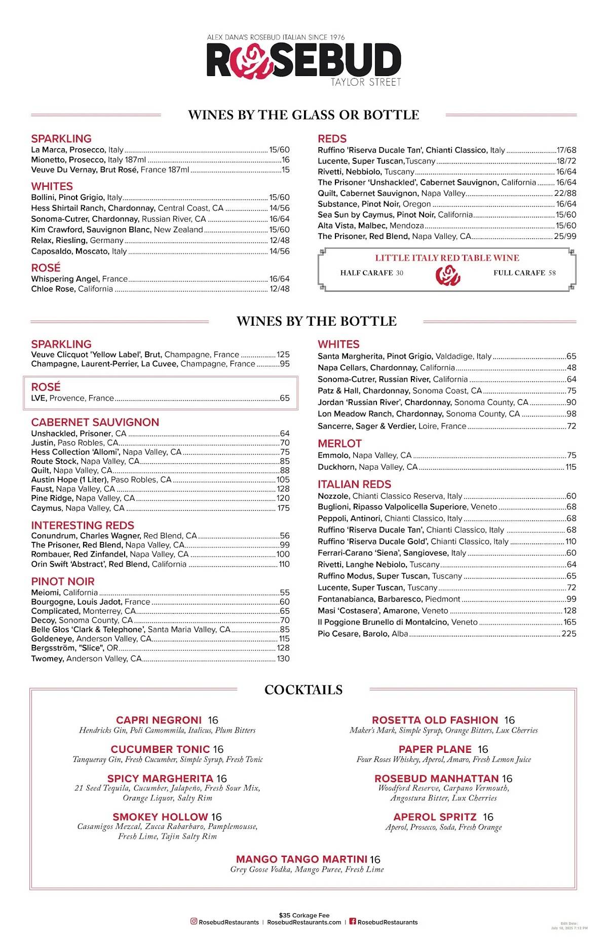 Menu at Rosebud Taylor Street restaurant, Chicago, W Taylor St