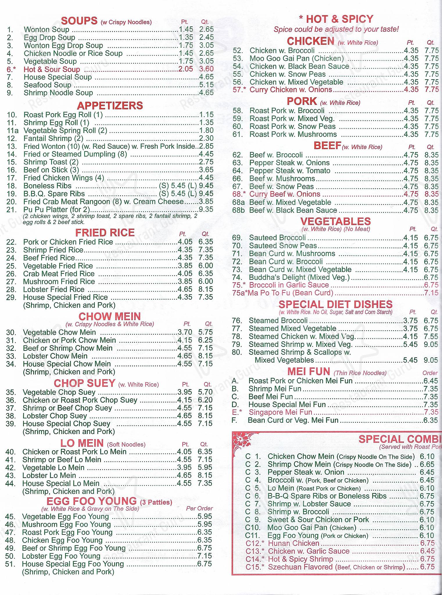 Menu at Hong Kong Chinese Restaurant, Round Lake