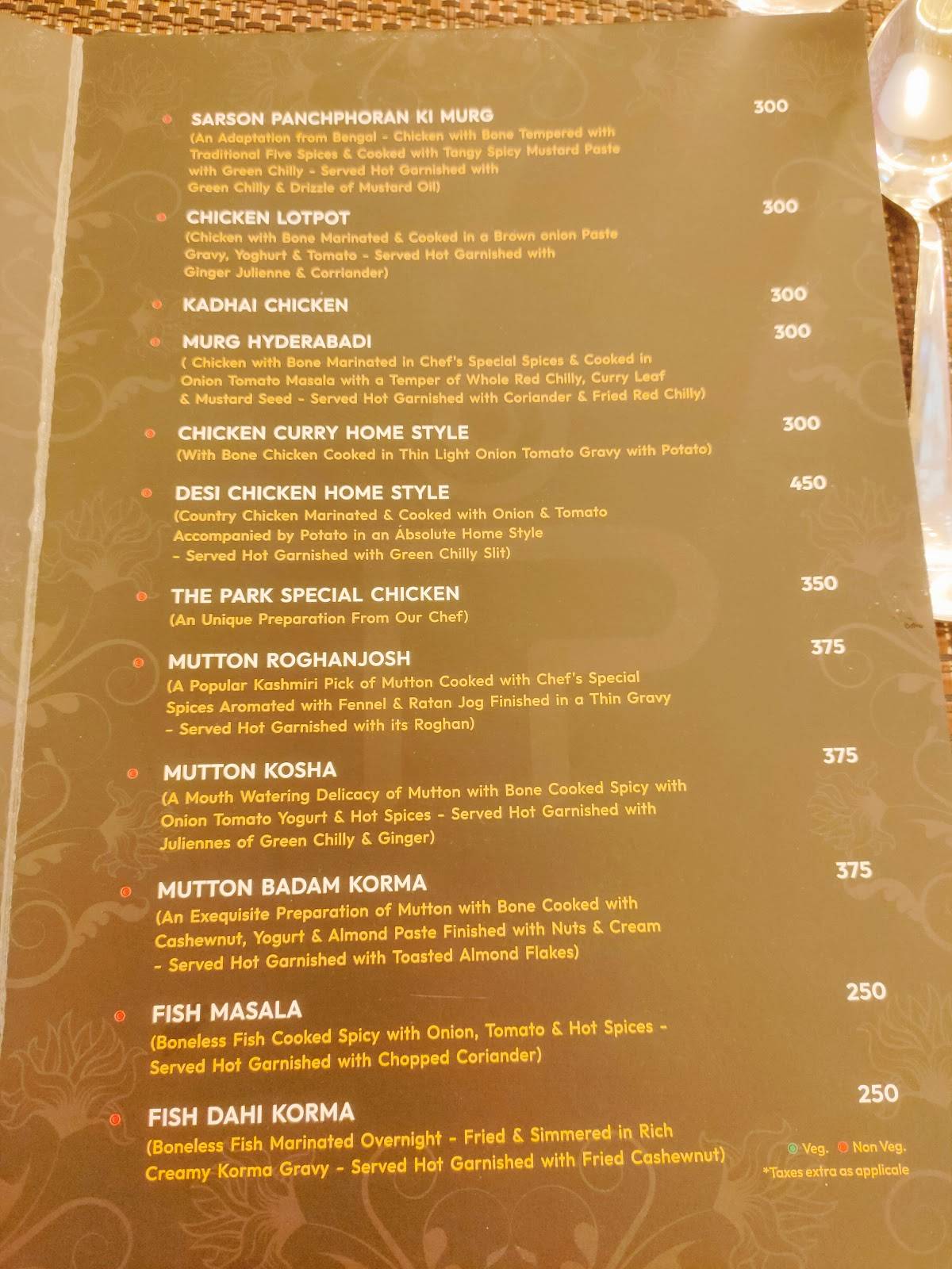 Menu at The Park (TP), Rourkela