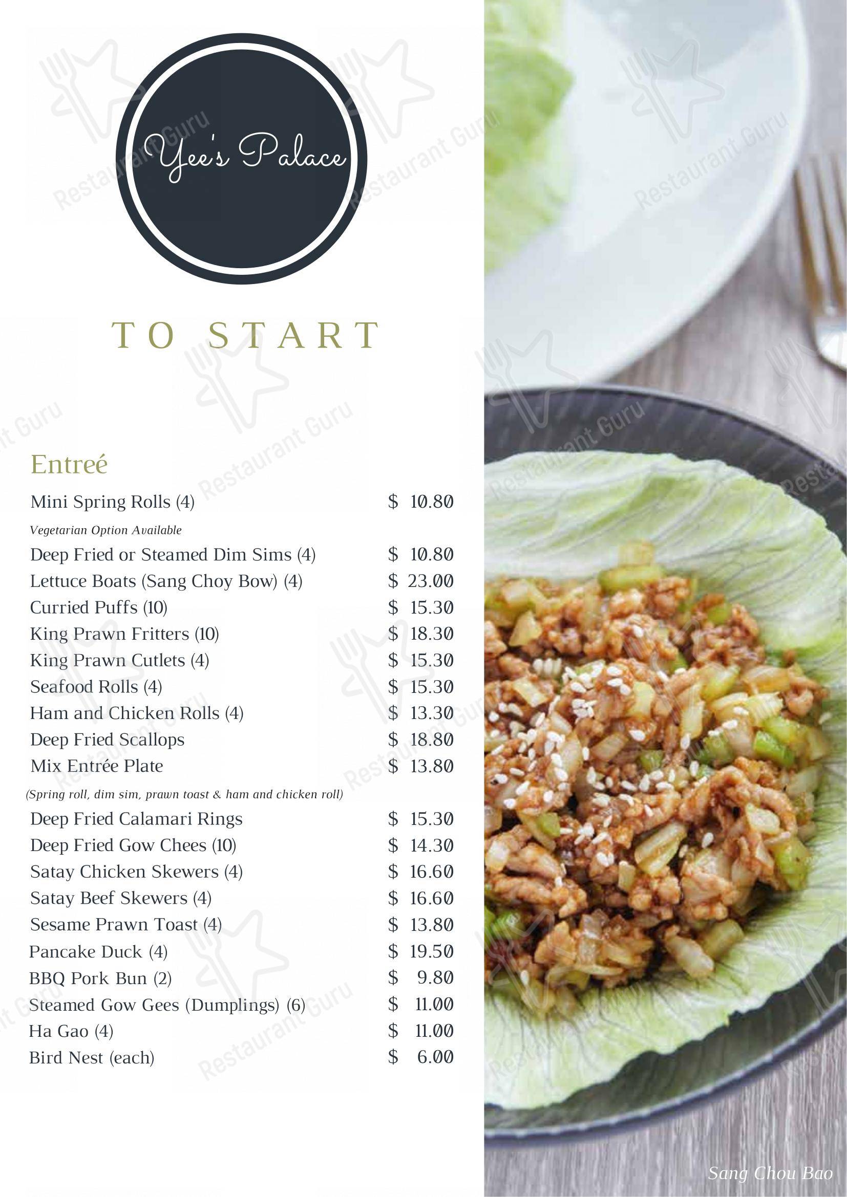 Menu at Yee's Palace Chinese Restaurant, Rouse Hill