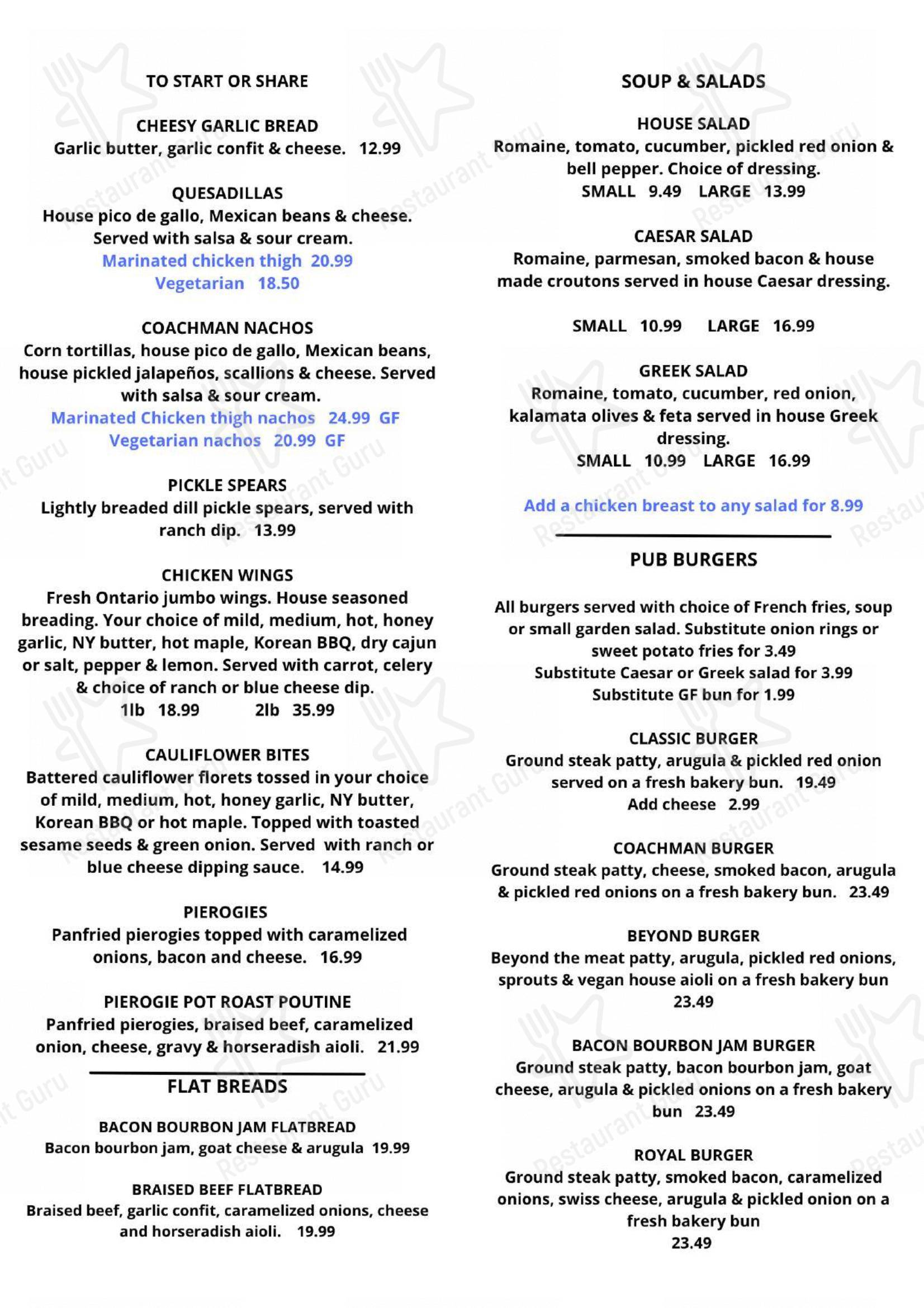 Menu at Royal Coachman pub & bar, Hamilton