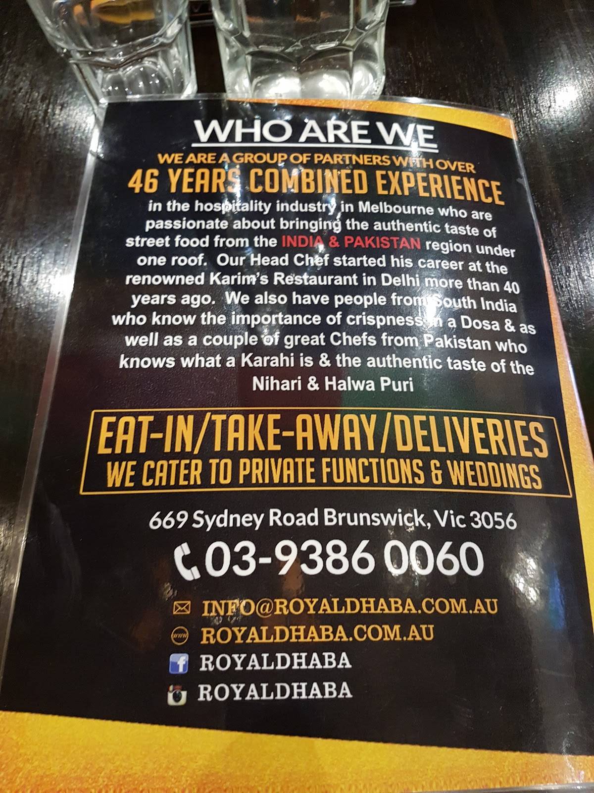 Menu at Royal Dhaba restaurant, Brunswick