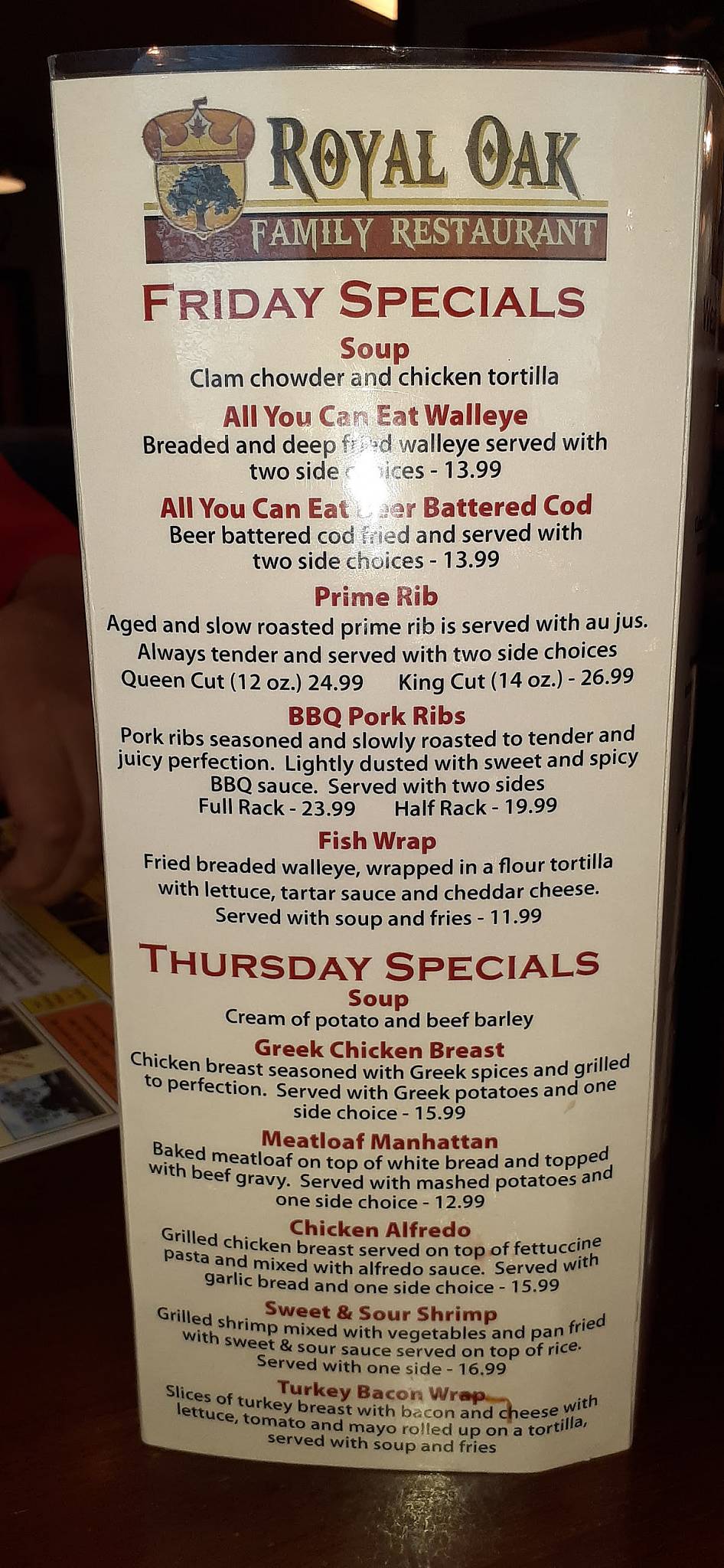 Menu at Royal Oak Family Restaurant, Rensselaer