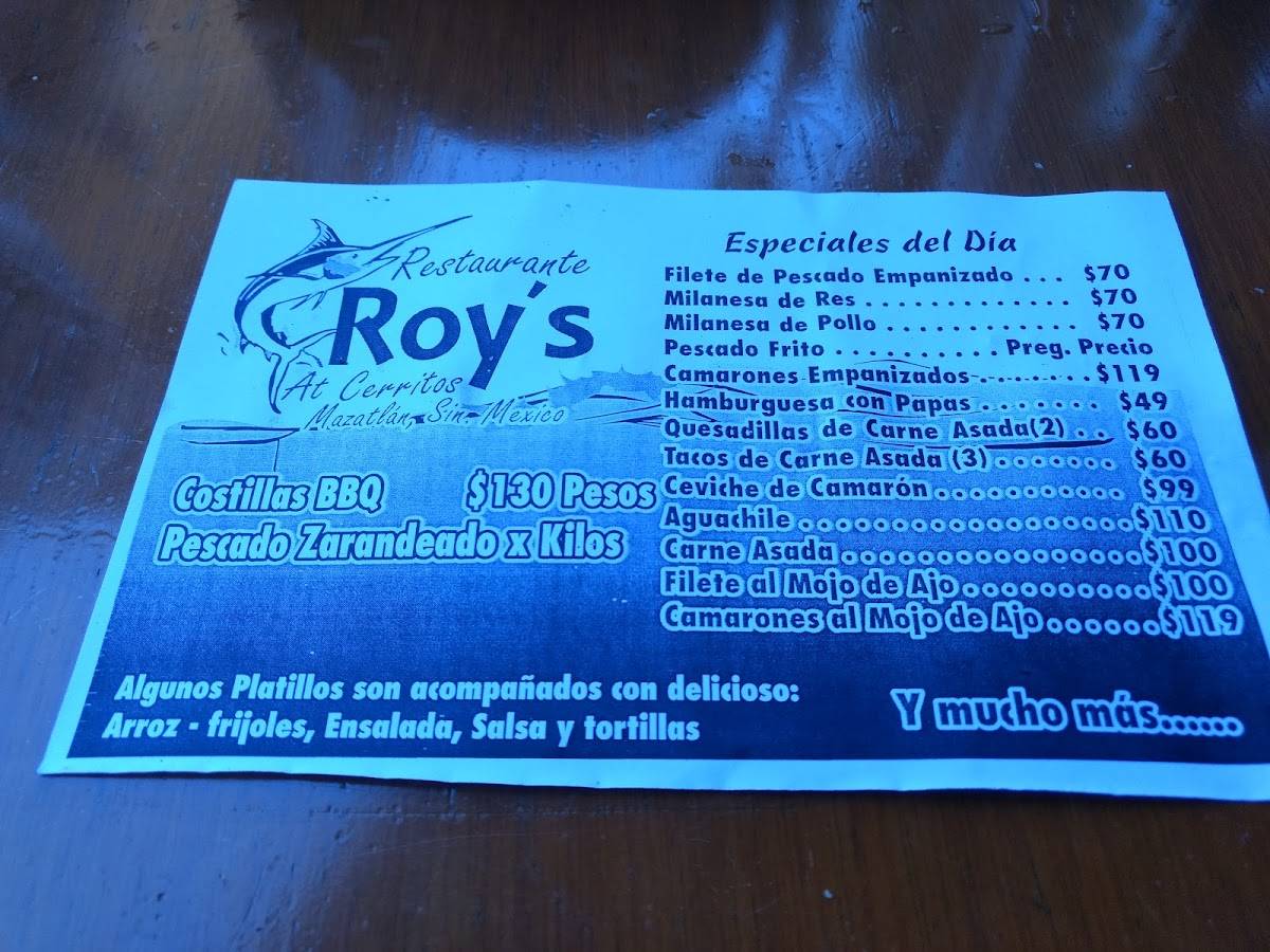 Menu at Roy's restaurant, Mazatlán
