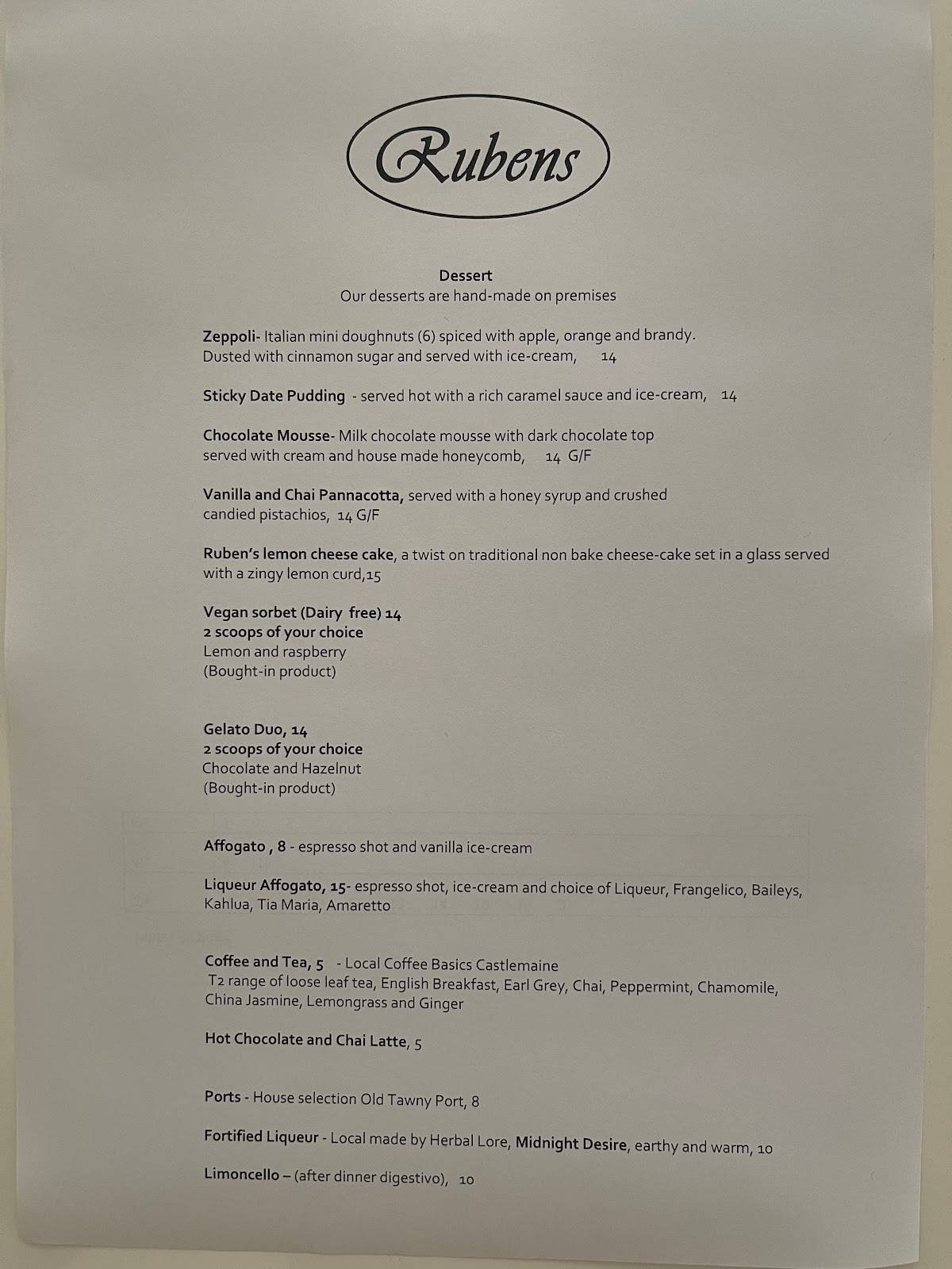 Menu at Rubens @ Hepburn pizzeria, Hepburn Springs