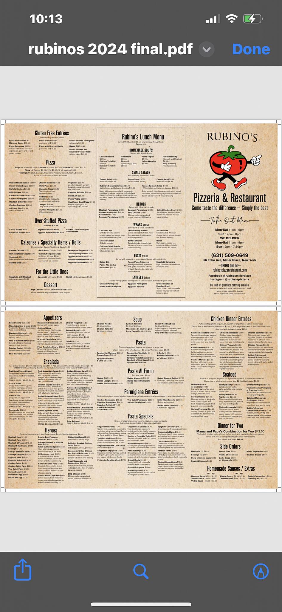 Menu at Rubino Pizza Restaurant & Caterers, Miller Place