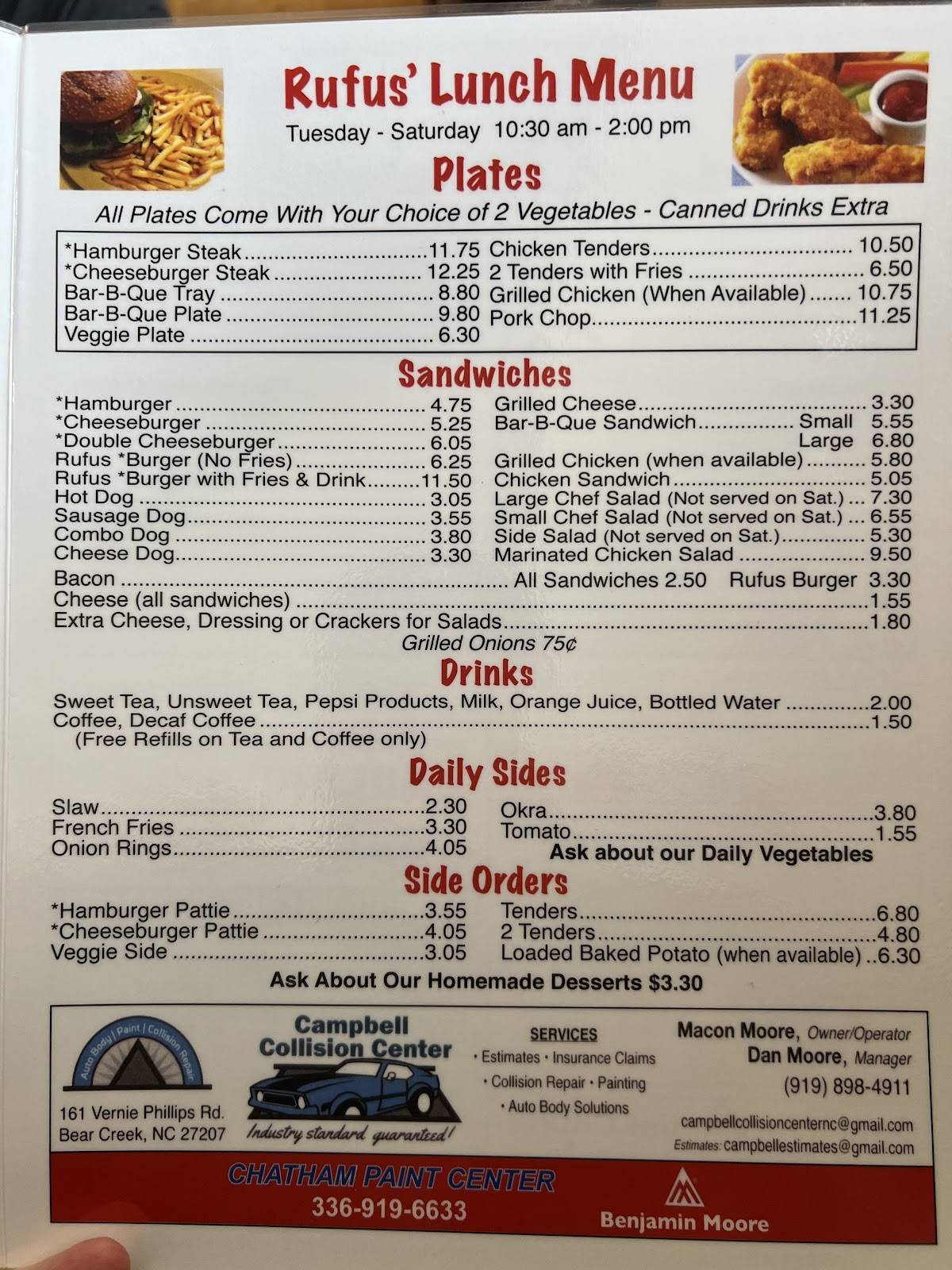 Menu at Rufus' Restaurant, Goldston