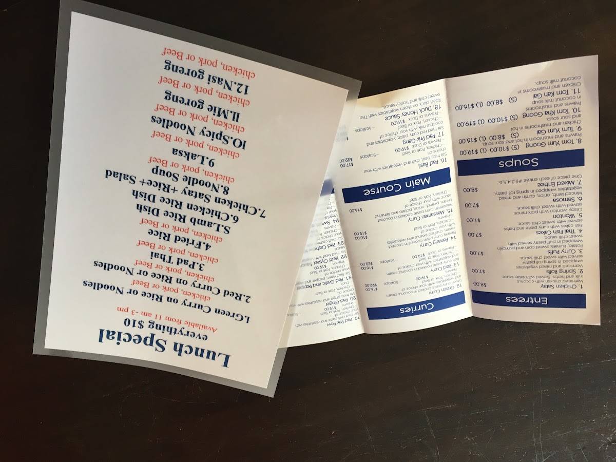 Menu at Ruk Thai restaurant, Tauranga
