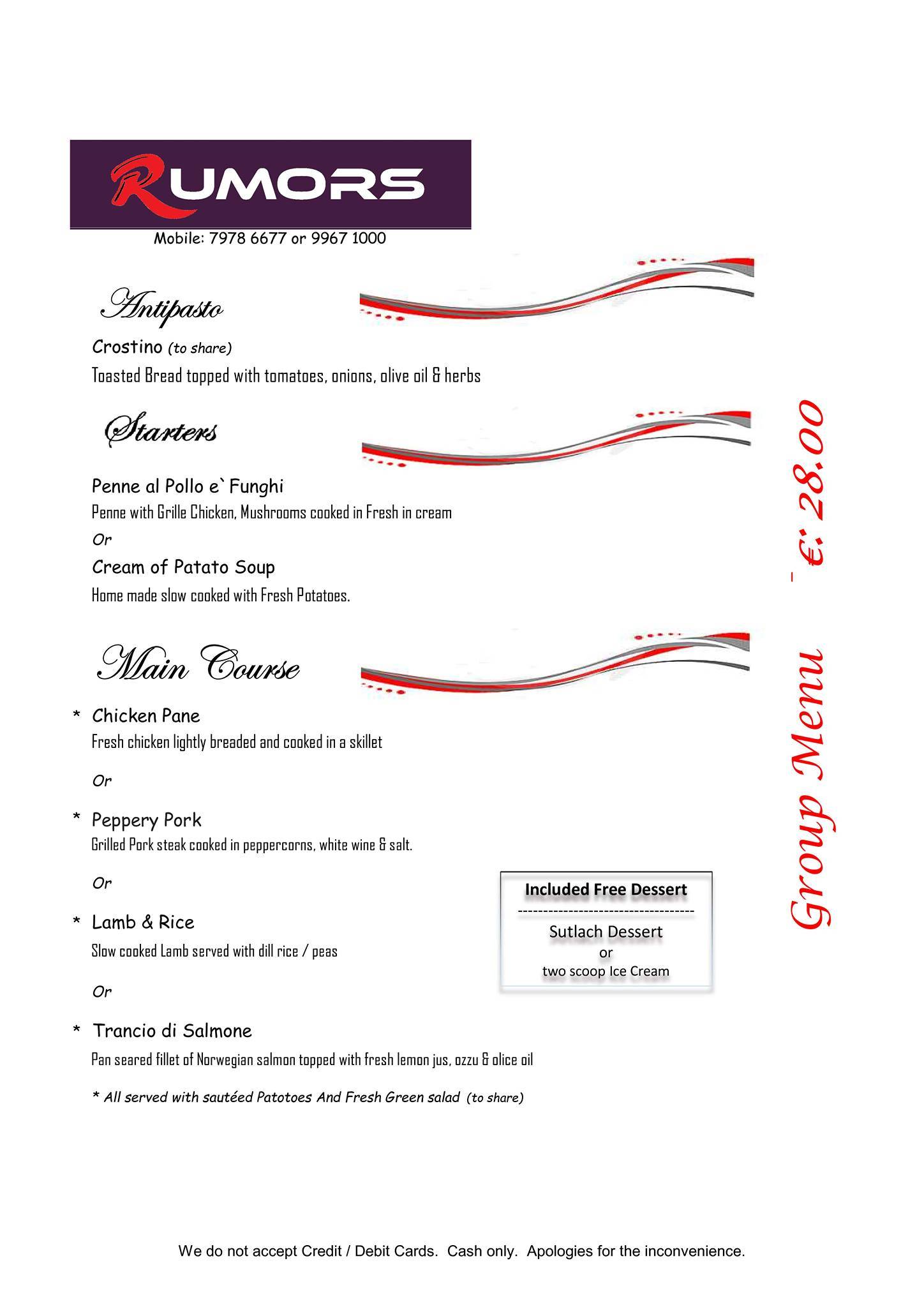 Menu at Rumors restaurant, Pieta