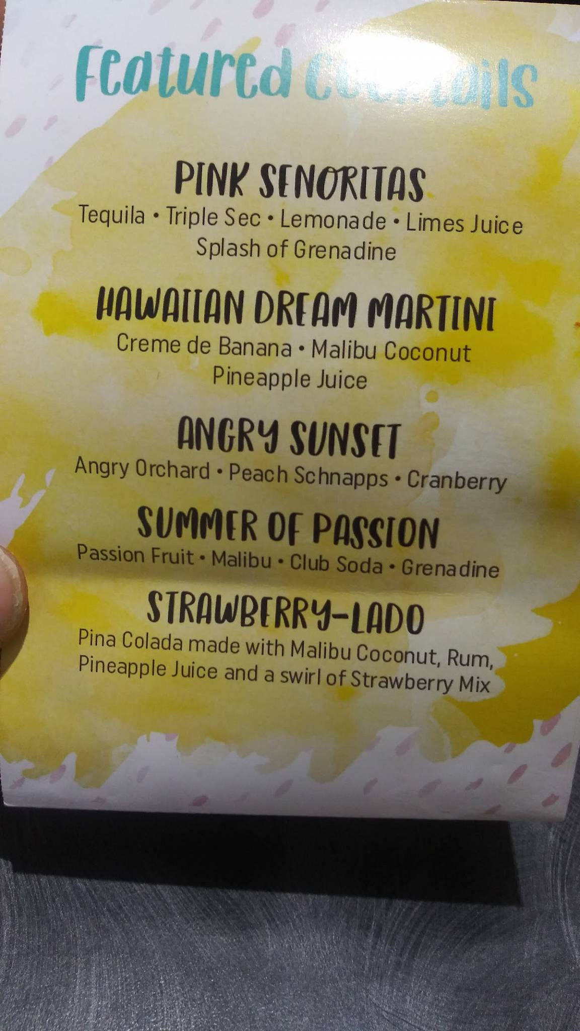 Menu at Rumors restaurant, Toledo