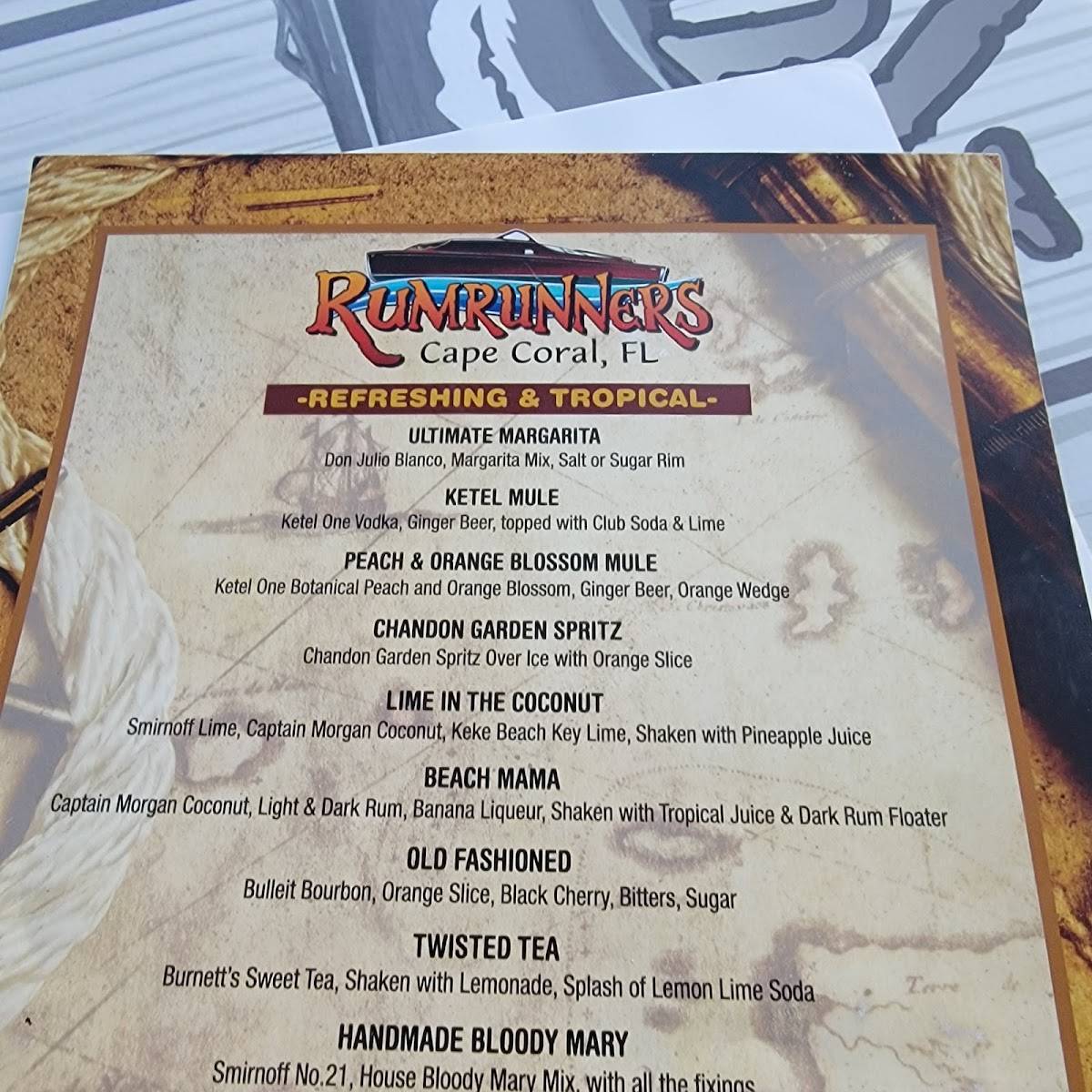 Menu at Rumrunners steakhouse, Cape Coral, Cape Harbour Dr