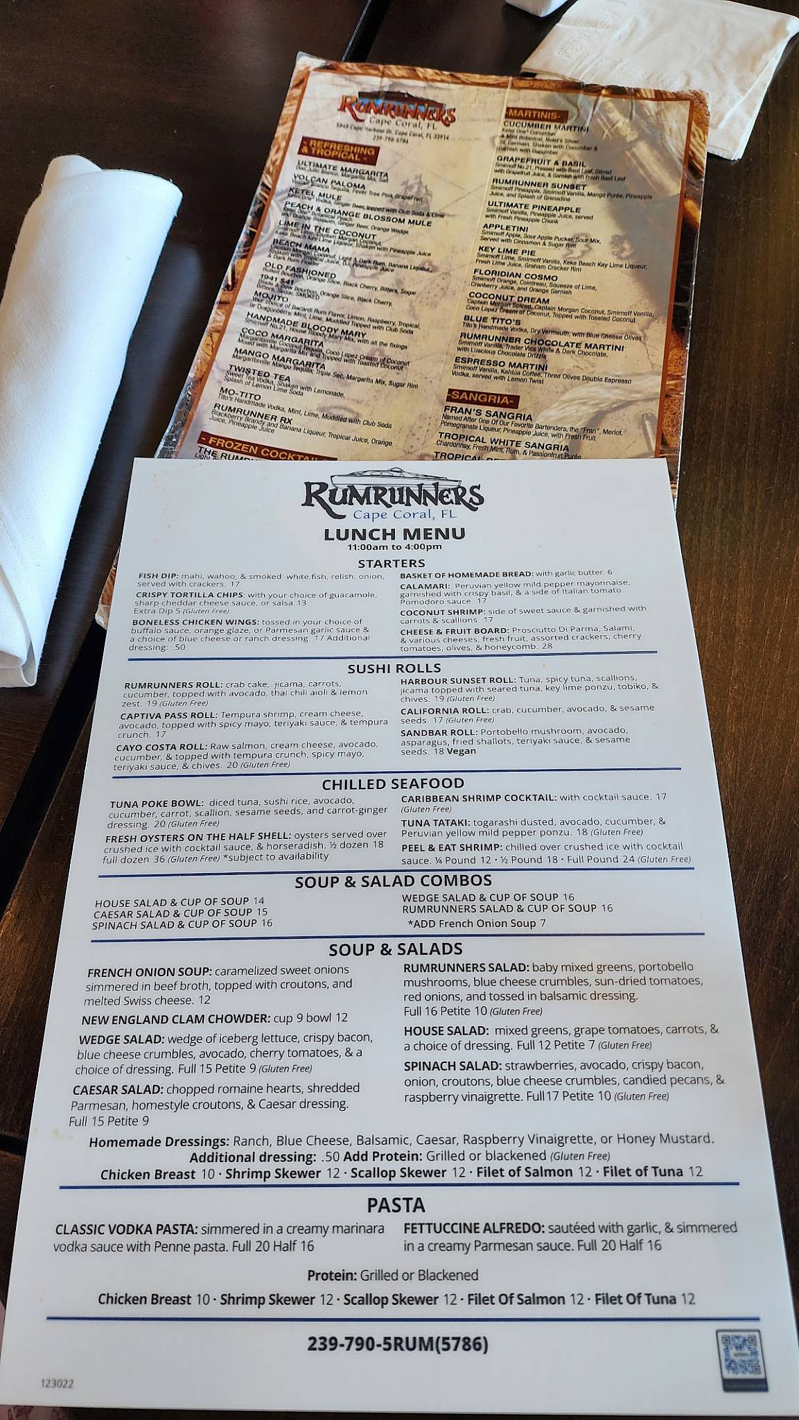 Menu at Rumrunners steakhouse, Cape Coral, Cape Harbour Dr