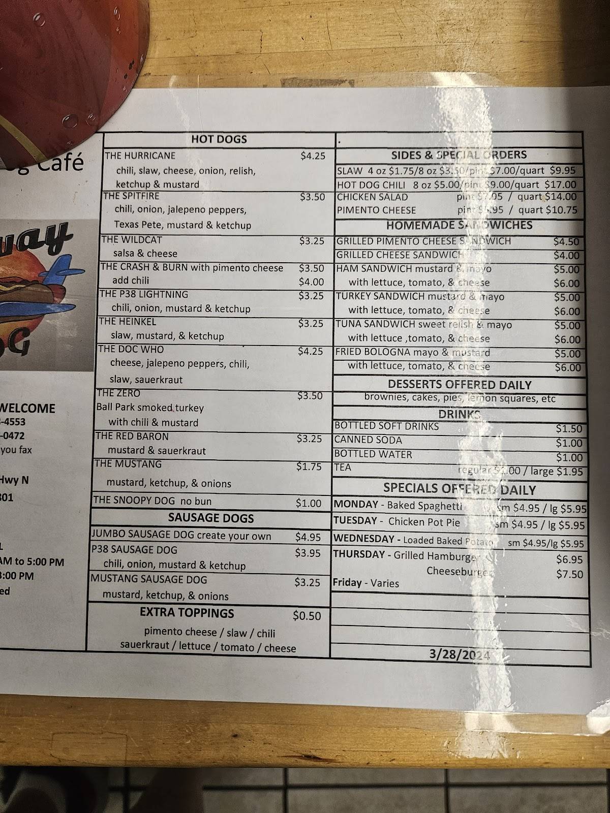 Menu at Runway Dog Cafe, USA