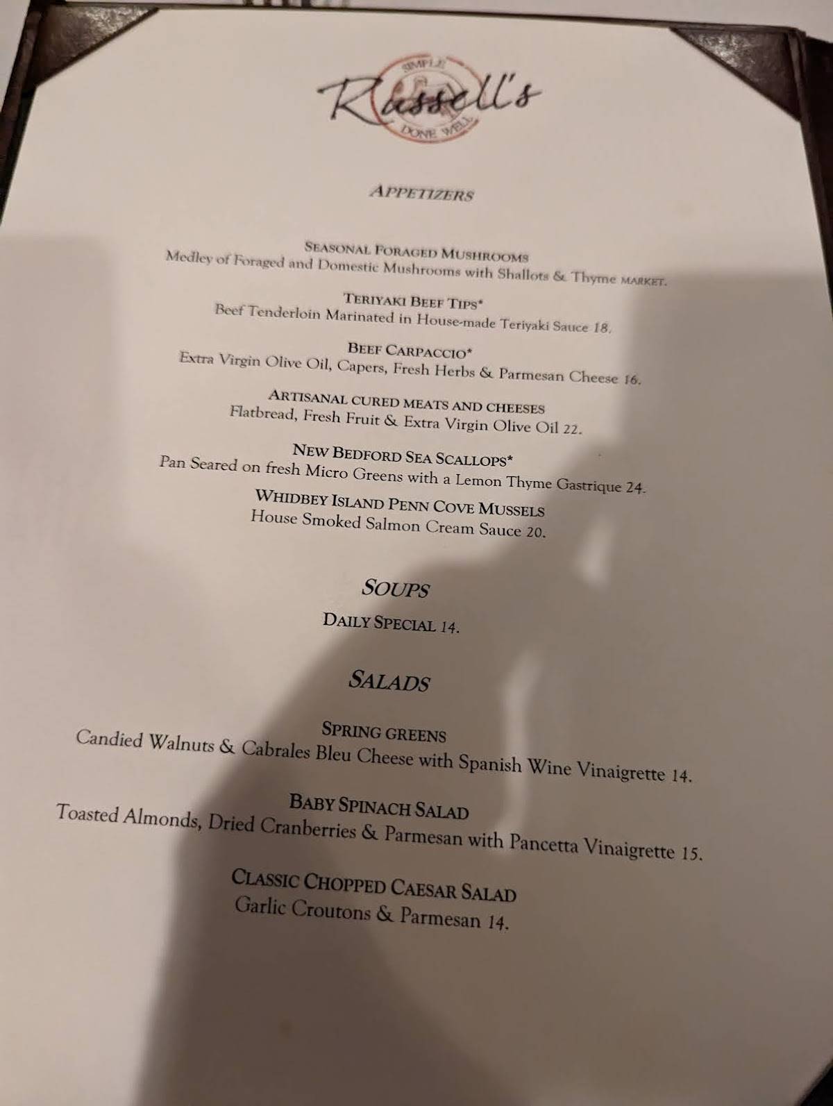 Menu at Russell's Restaurant & Loft, Bothell