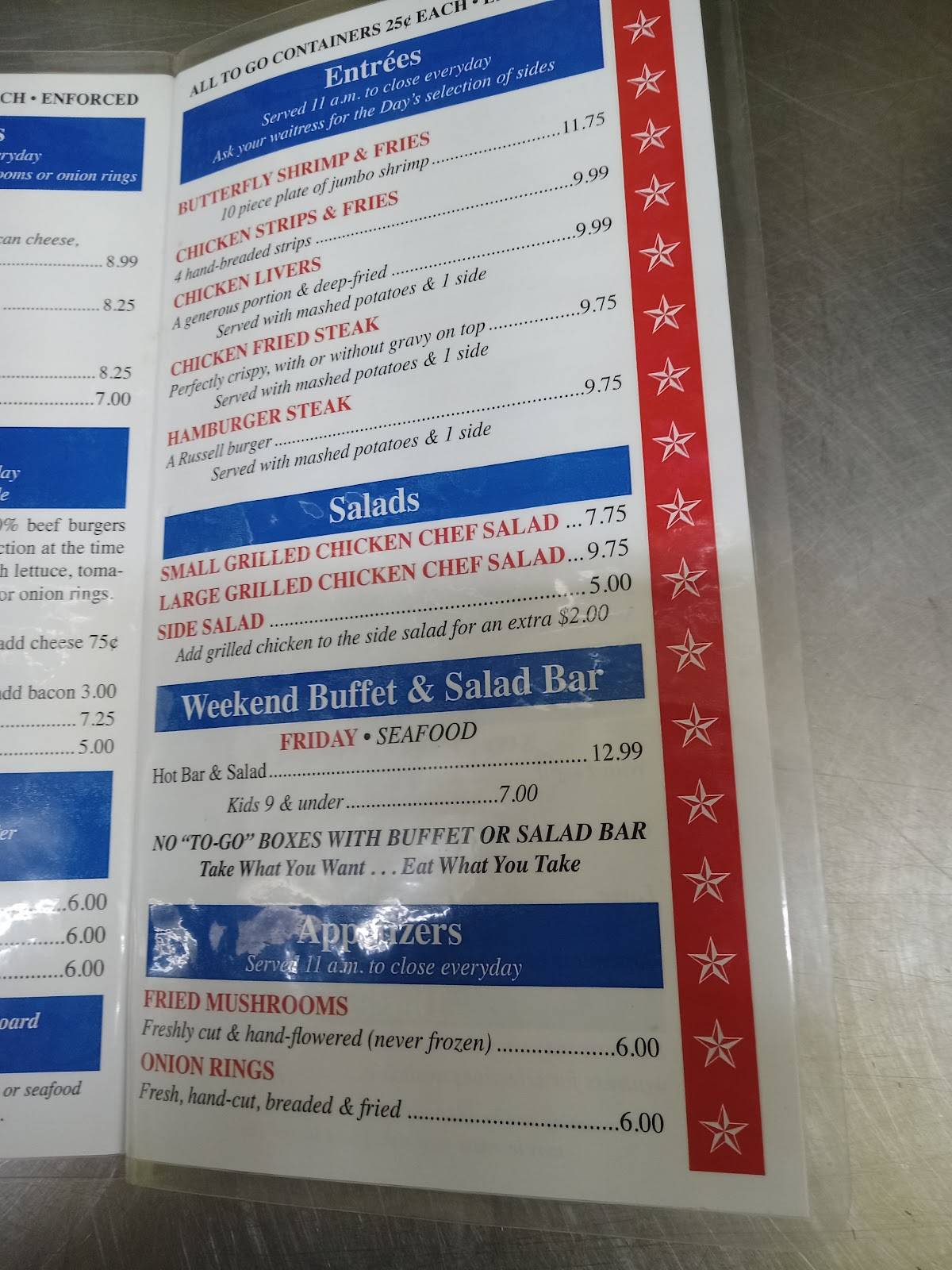 Menu at Russell's Triangle Cafe, USA