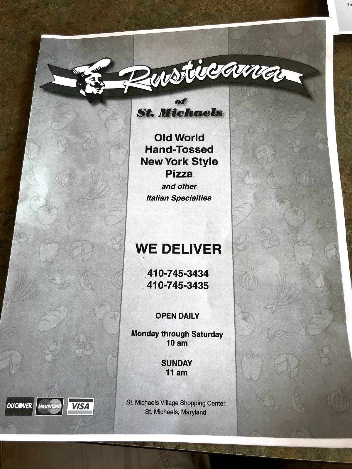 Menu at Rusticana Pizzano restaurant, Saint Michaels