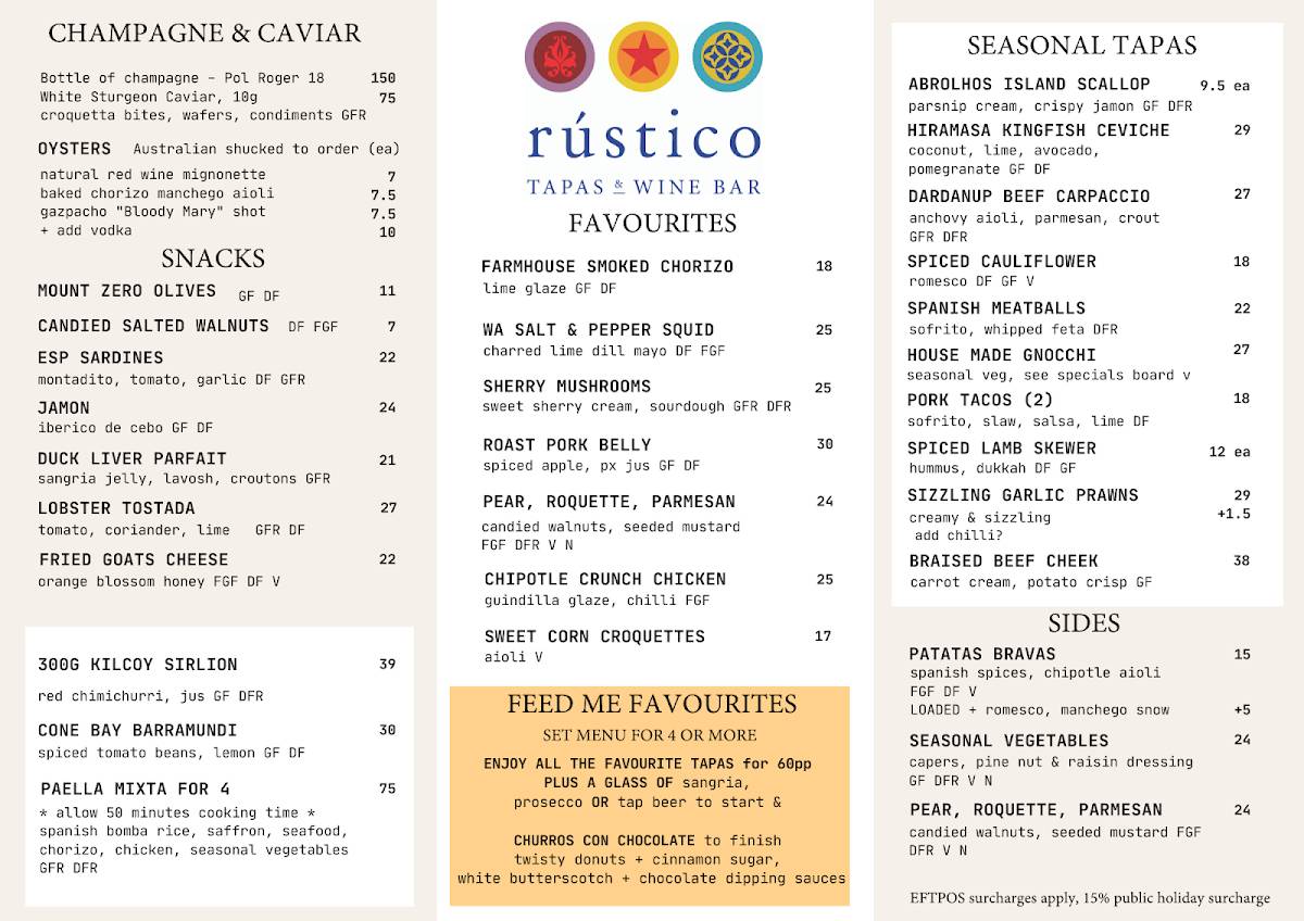 Menu at Rustico Tapas & Wine Bar, Rockingham