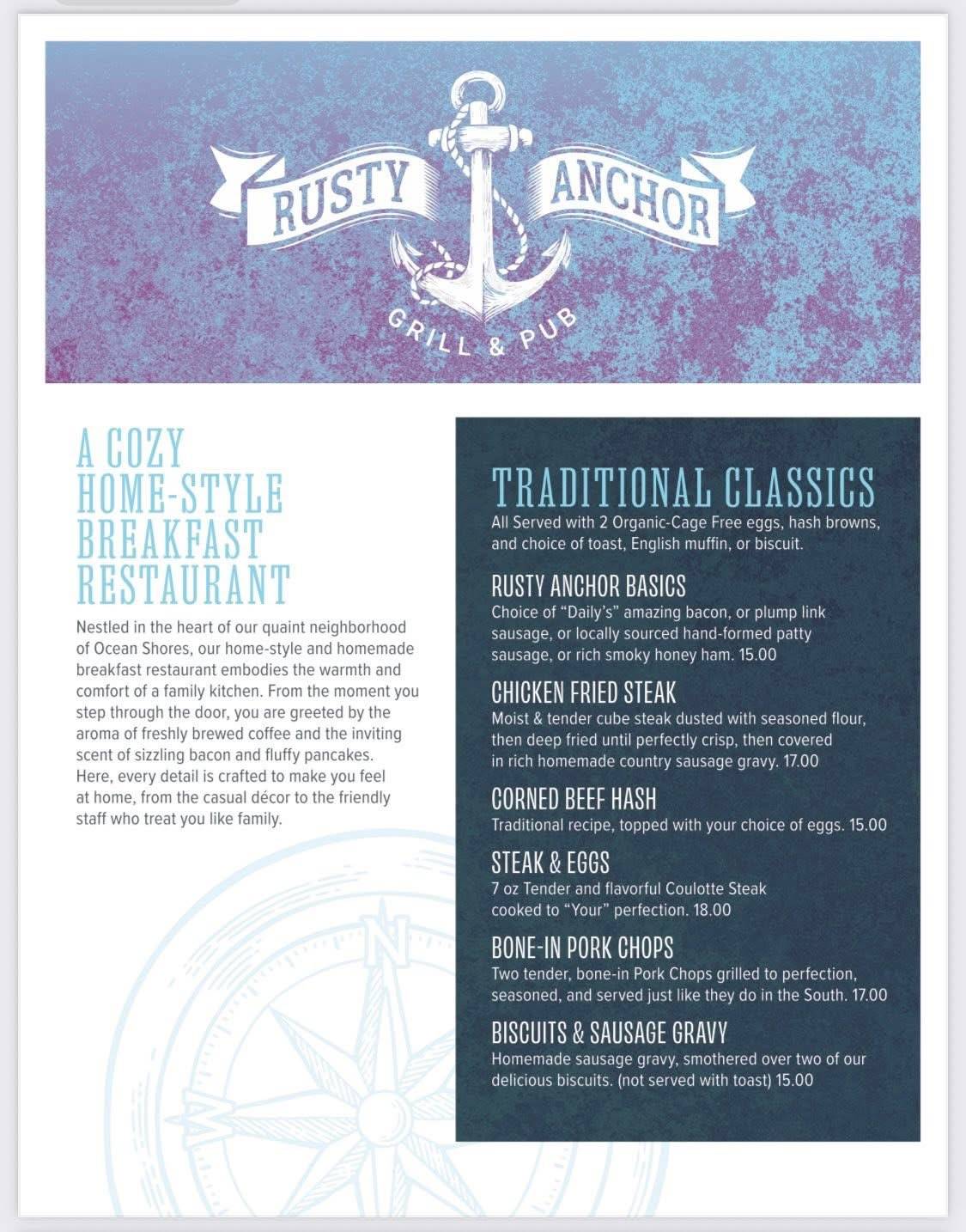 Menu at Rusty Anchor Grill and Pub, Ocean Shores