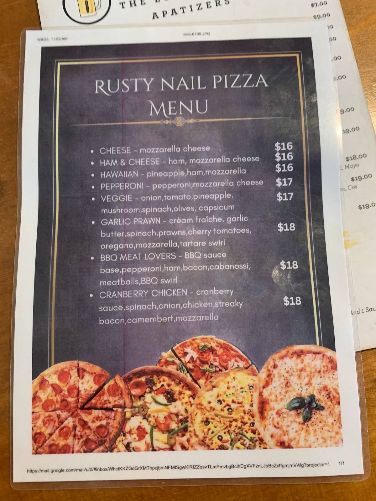 Menu at Rusty Nail Tavern restaurant, Taumarunui