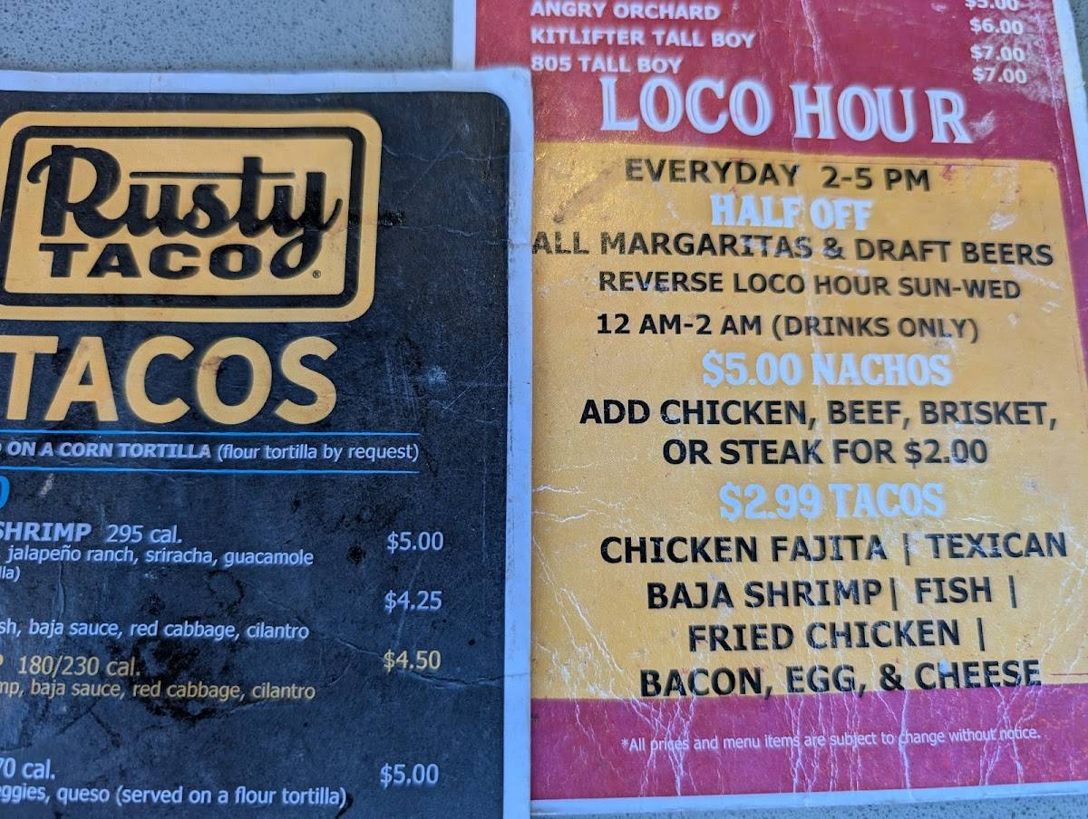 Menu at Rusty Taco restaurant, Tempe