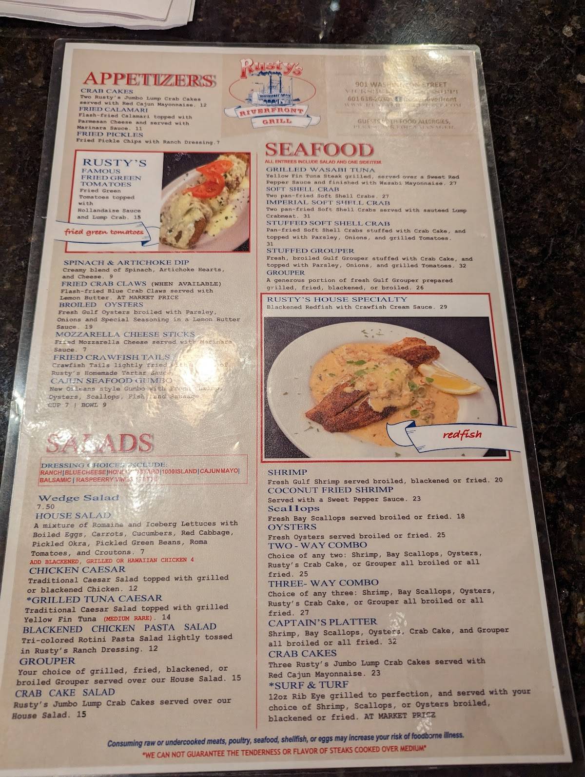 Menu at Rusty's Riverfront Grill restaurant, Vicksburg