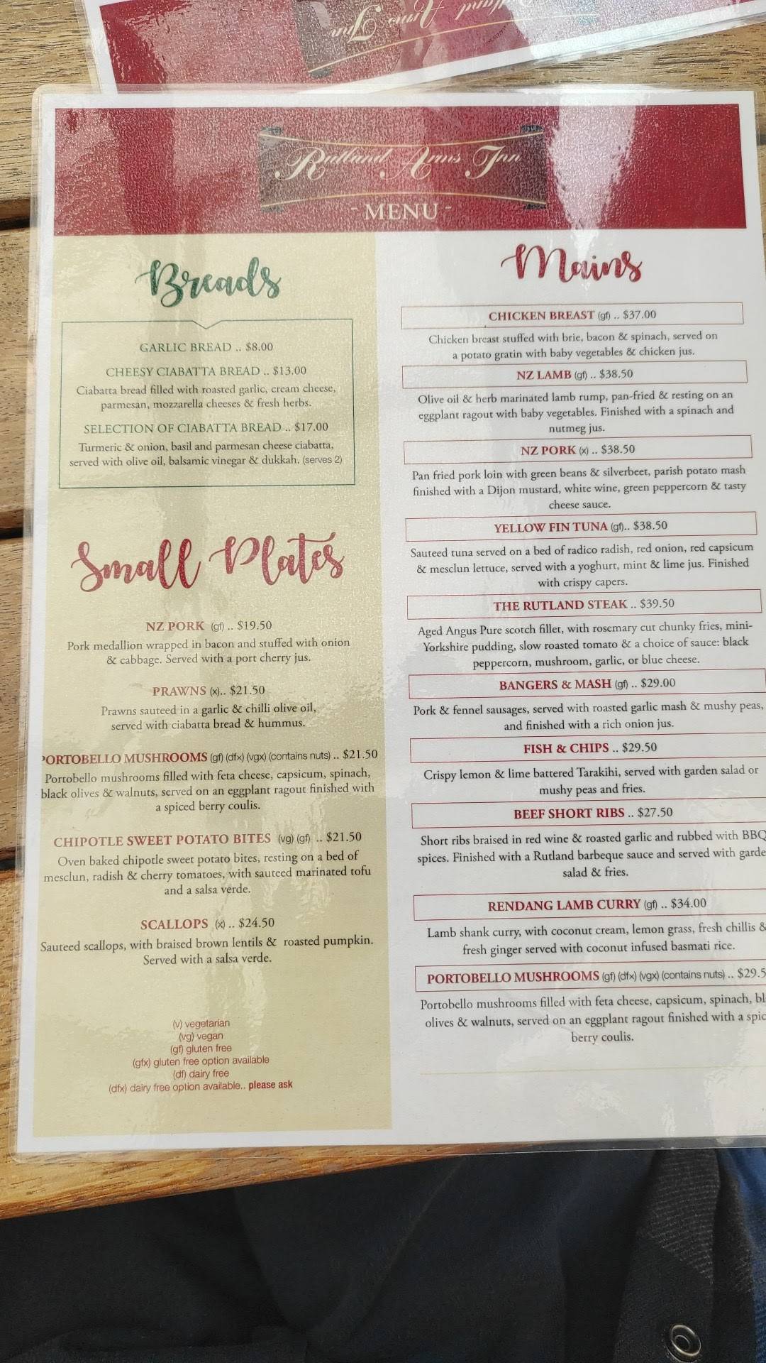 Menu at Rutland Arms Inn pub & bar, Whanganui