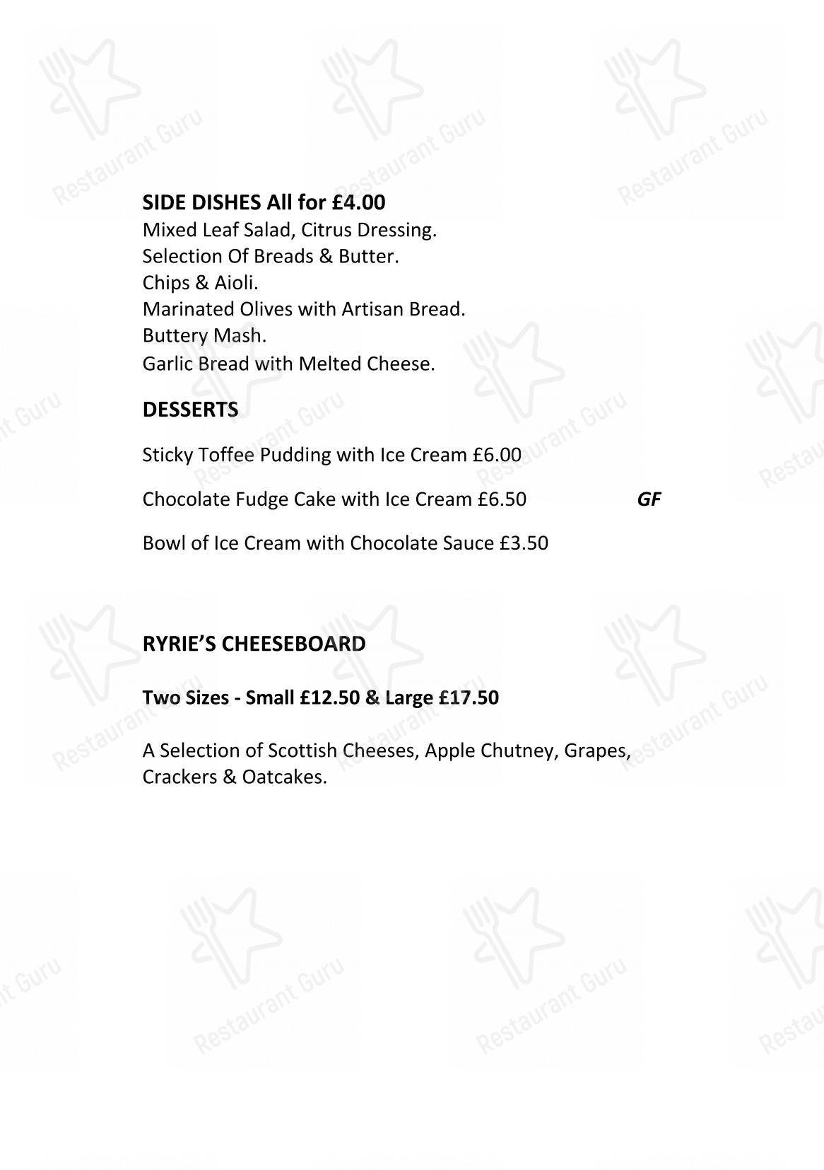 Menu at Ryrie’s Bar, Edinburgh
