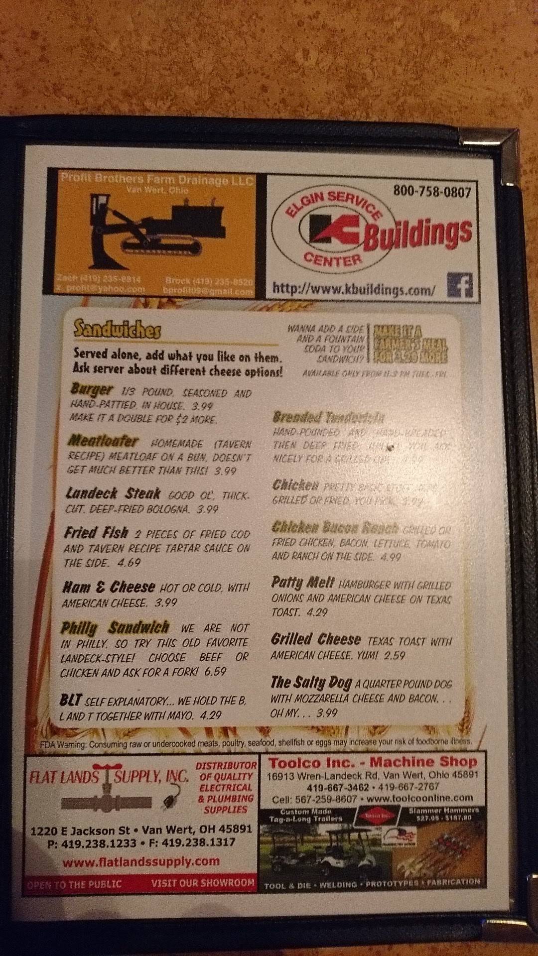Menu at S & K's Landeck Tavern restaurant, Delphos