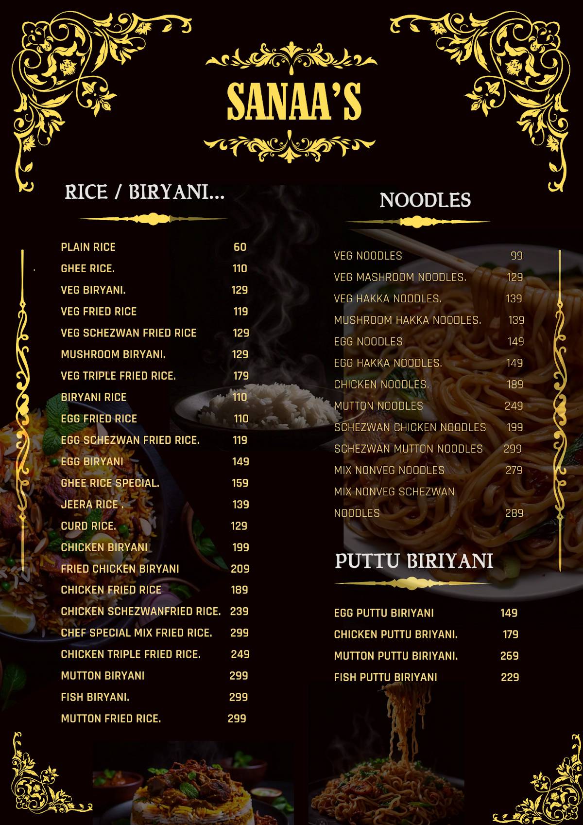 Menu at SANAA'S Restaurant, Bengaluru