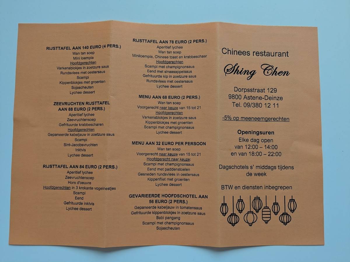 Menu at SHING CHEN restaurant, Deinze