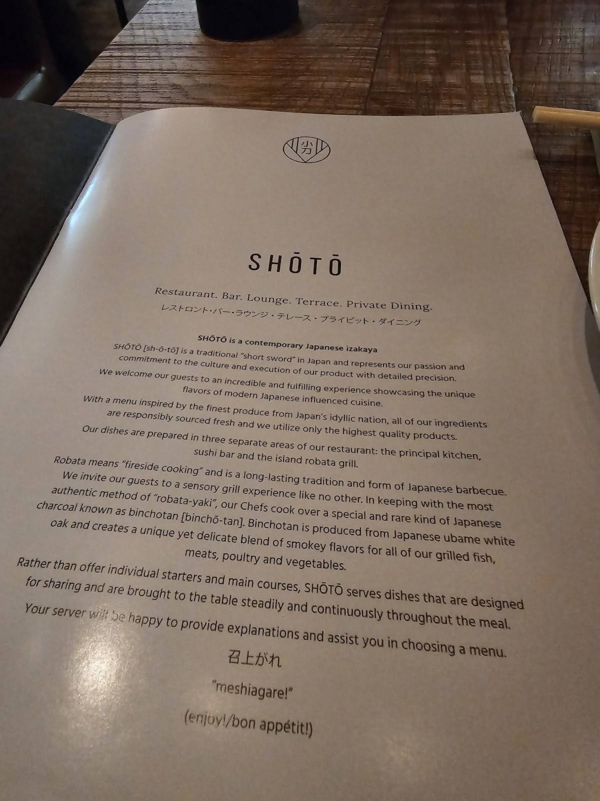 Menu at SHŌTŌ Washington DC restaurant, Washington