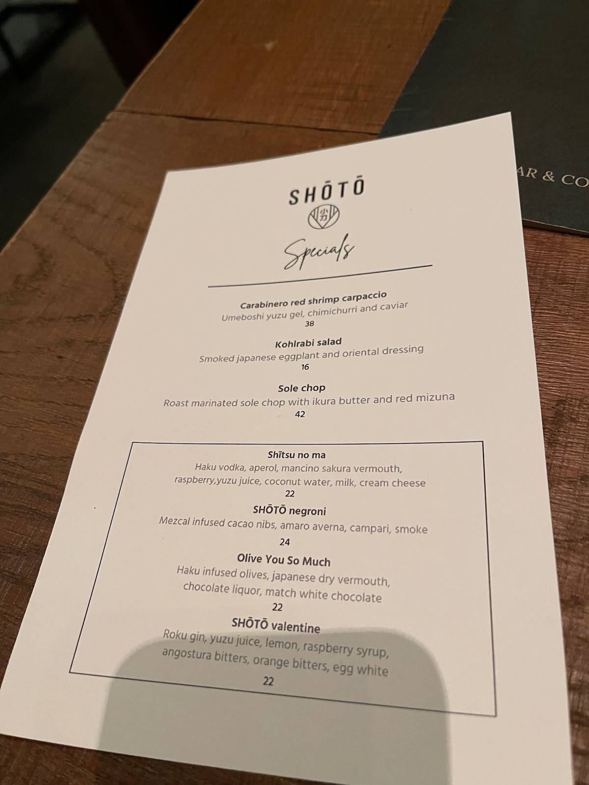Menu at SHŌTŌ Washington DC restaurant, Washington