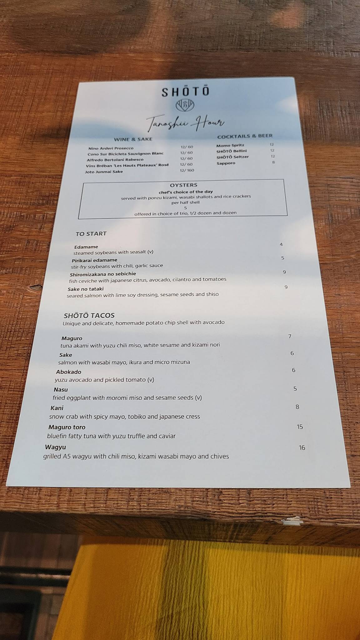Menu at SHŌTŌ Washington DC restaurant, Washington