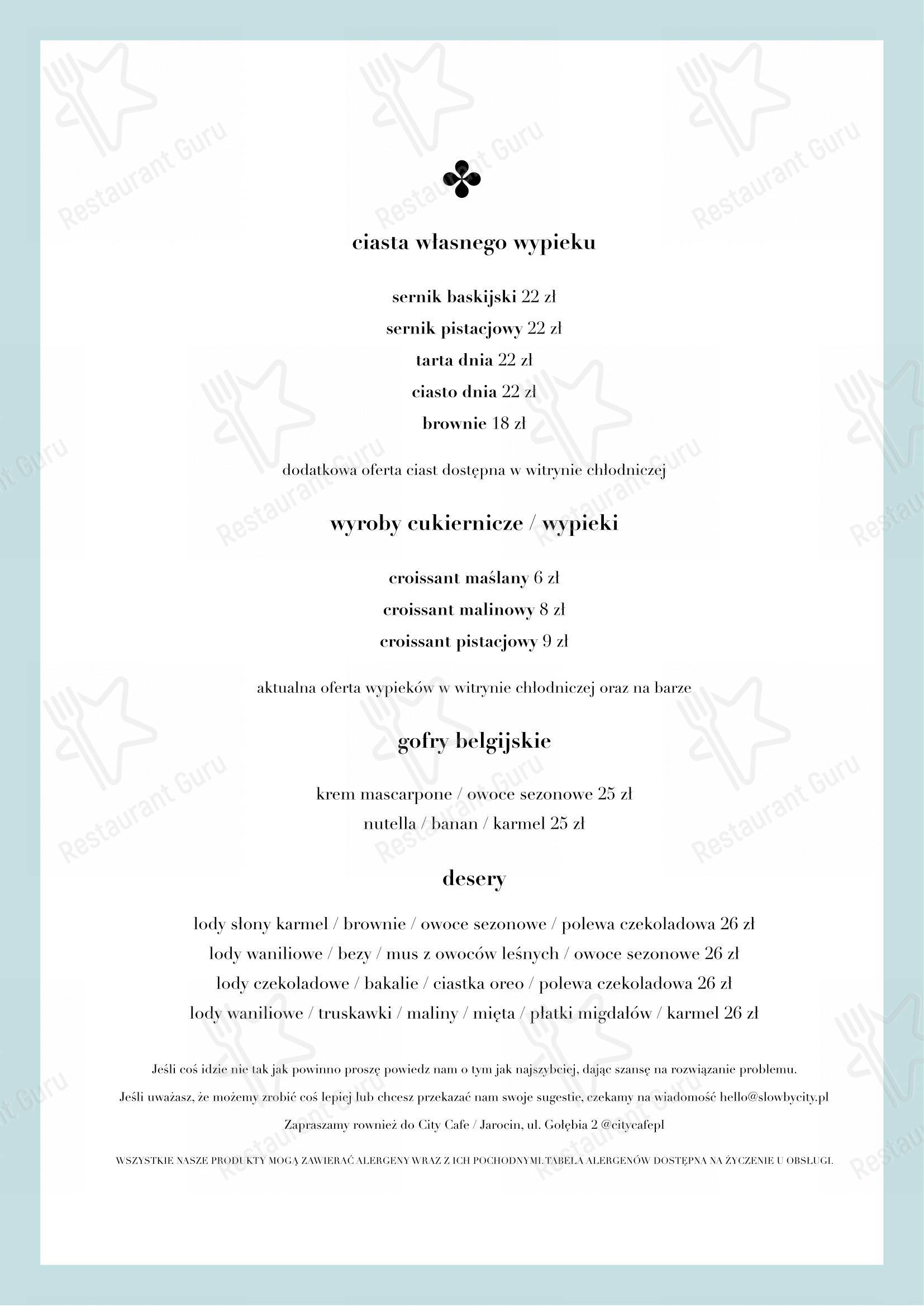 Menu at SLOW by City Cafe, Jarocin