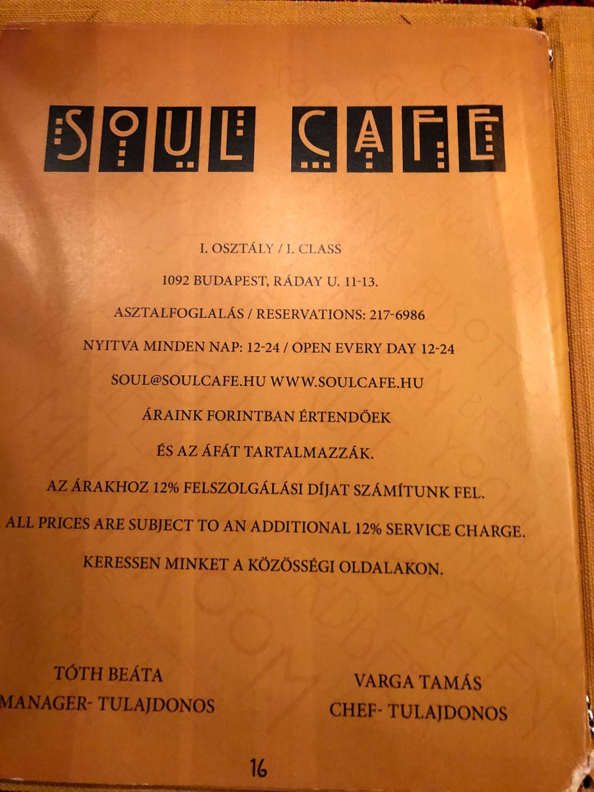 Menu at SOUL Café and Restaurant, Budapest