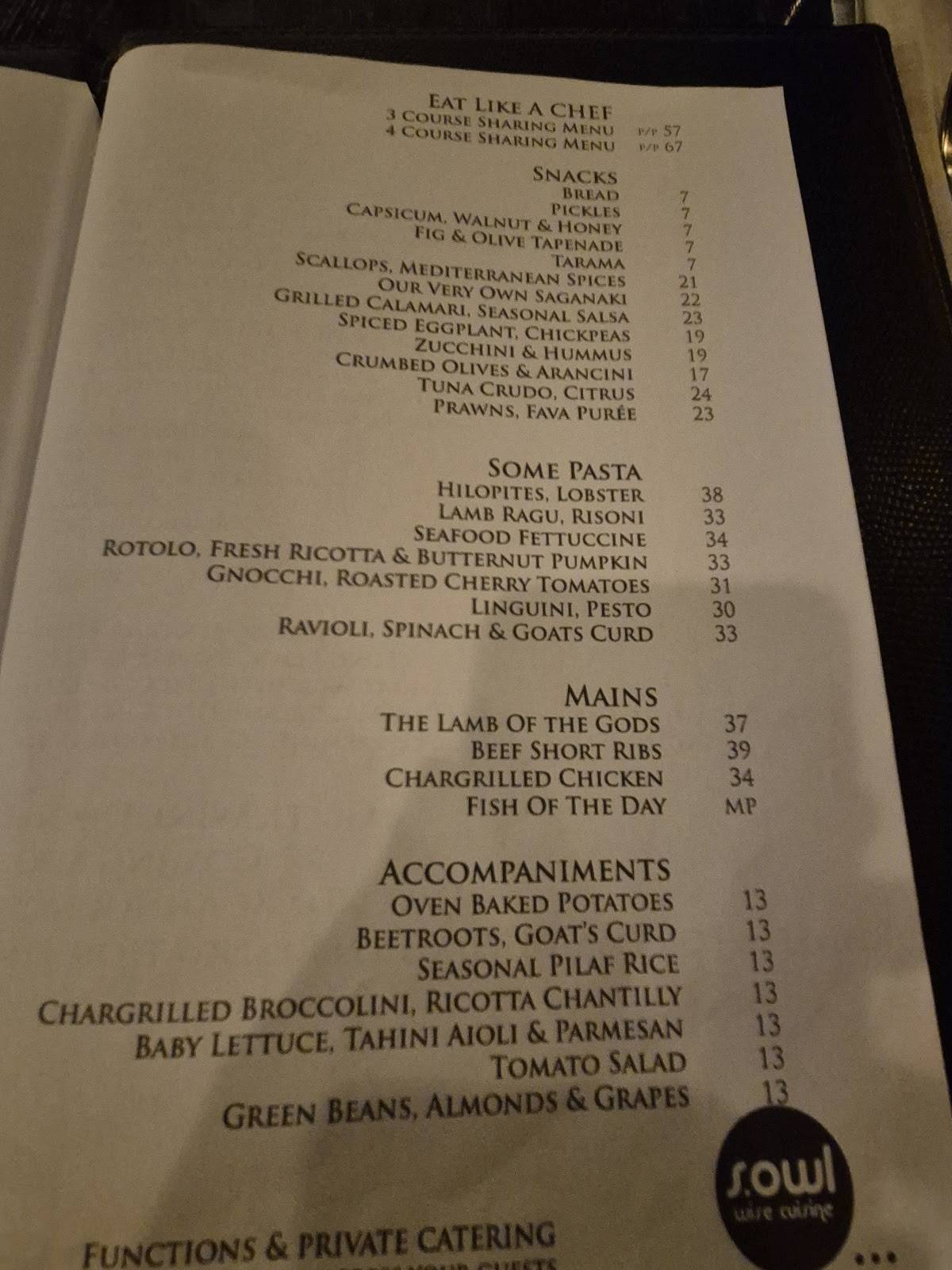 Menu at SOWL Restaurant, Carnegie