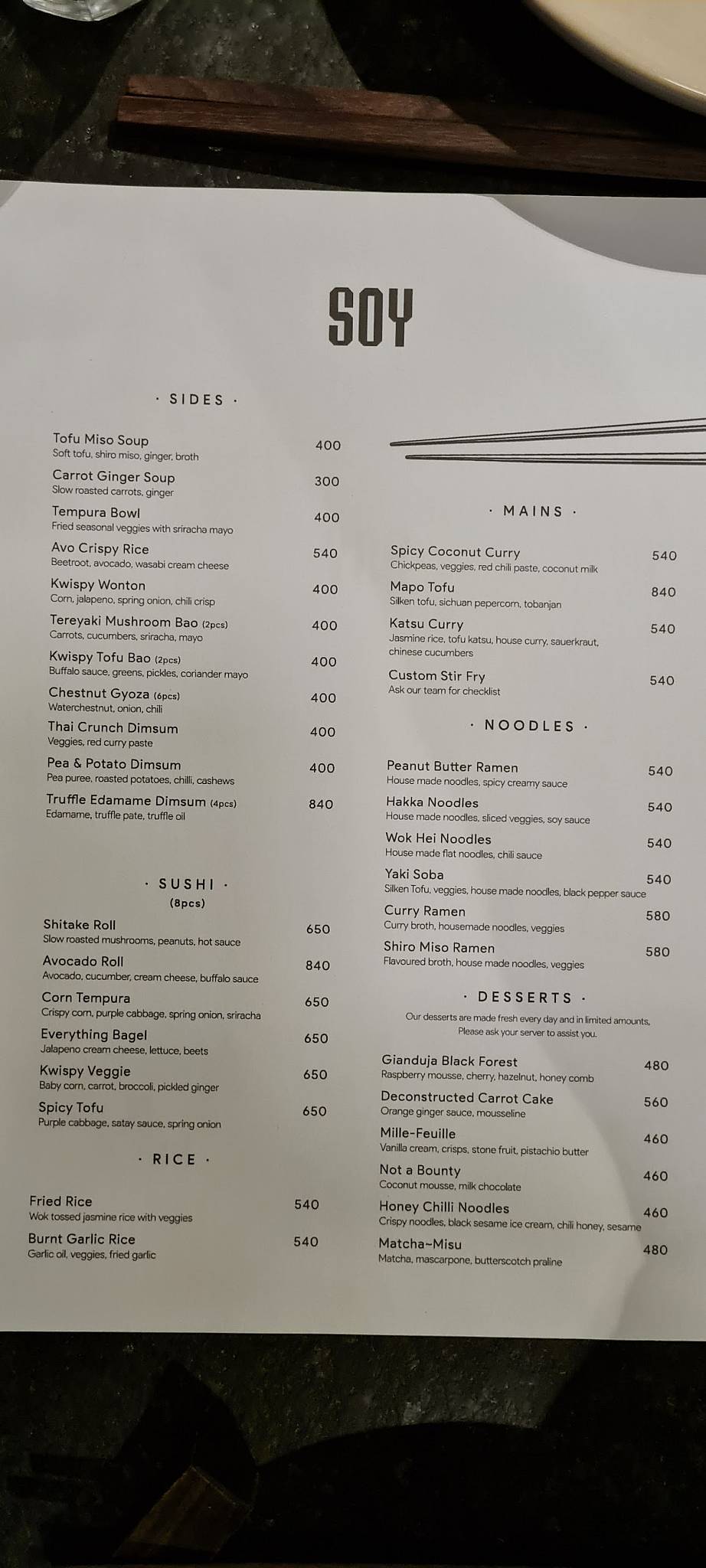 Menu at Soy, Surat