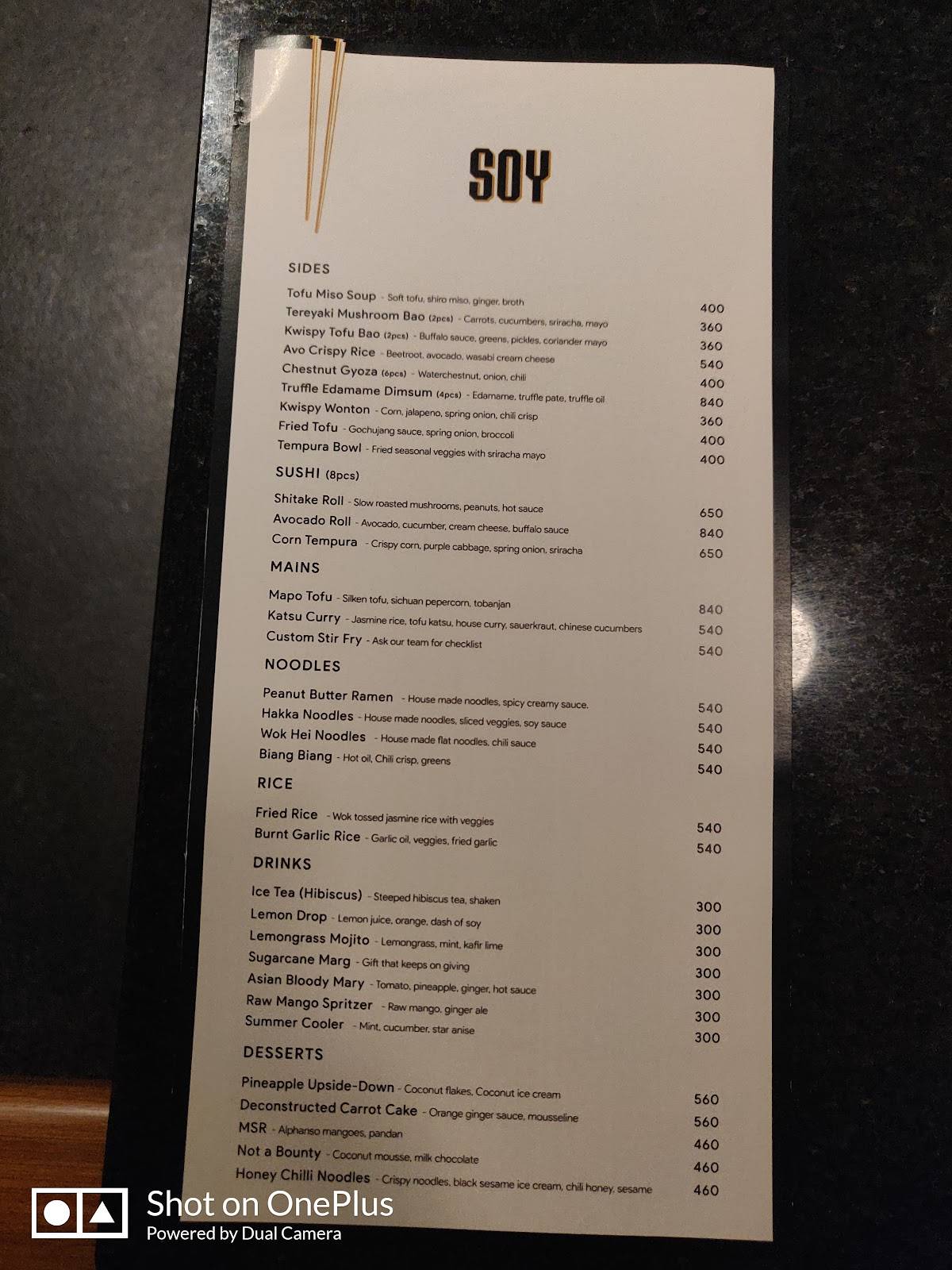 Menu at Soy, Surat
